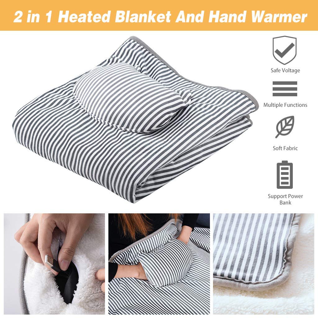 Shan-S USB Heated Throw Blanket, Hand Warmer with Super Soft Velvet Fabric Flannel Keep Warmth for Car, Home, Office, Camping, Cold Winter Multi-Functional Warm Usage,115cm X 72cm
