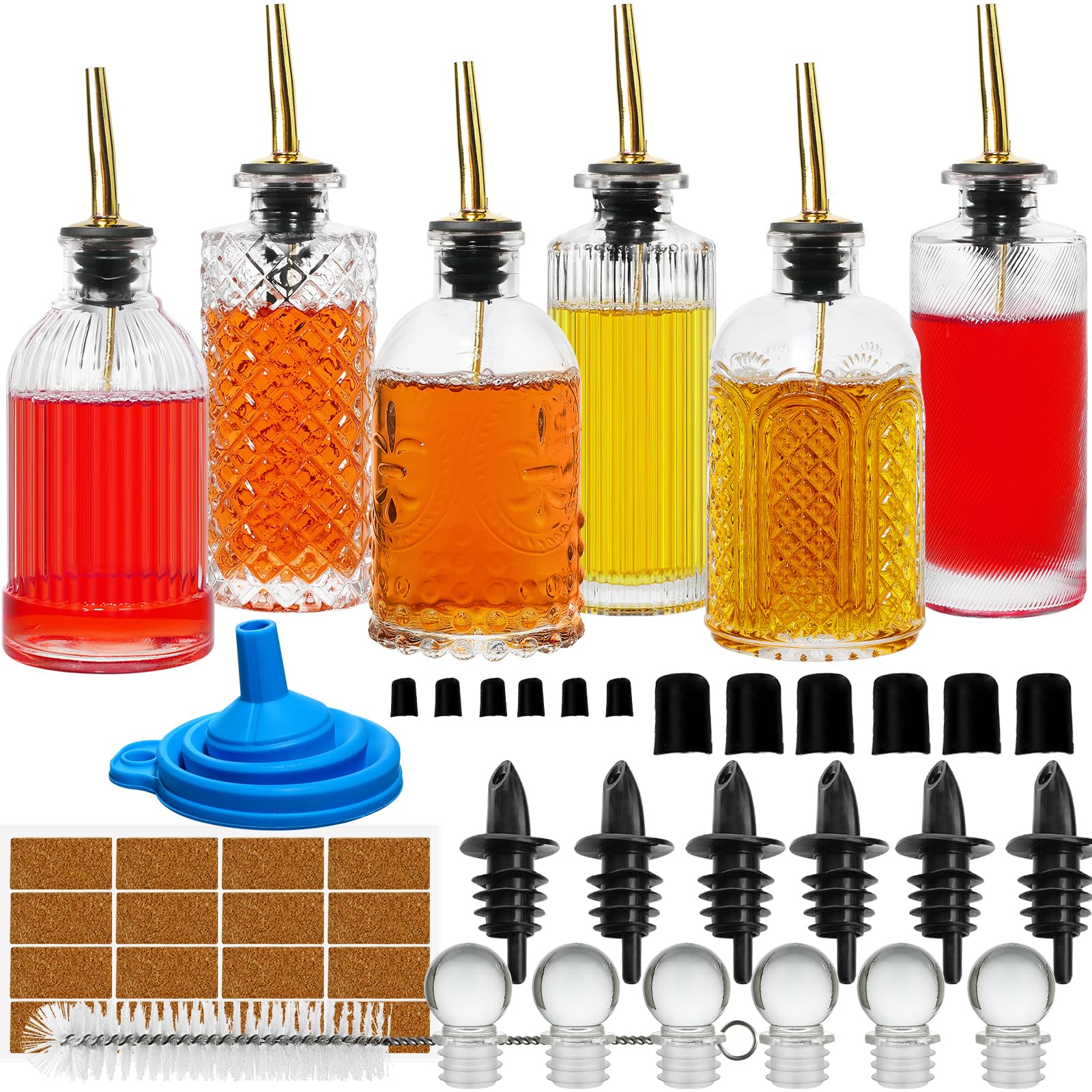 Coffee Syrup Dispenser Simple Small Glass Bottle 6 Pcs for Coffee Bar Accessories with Dust Lids Pour Spout, Glass Stopper, Cleaning Brush. Vanilla, Caramel, Syrup, Honey, Condiments Dispenser