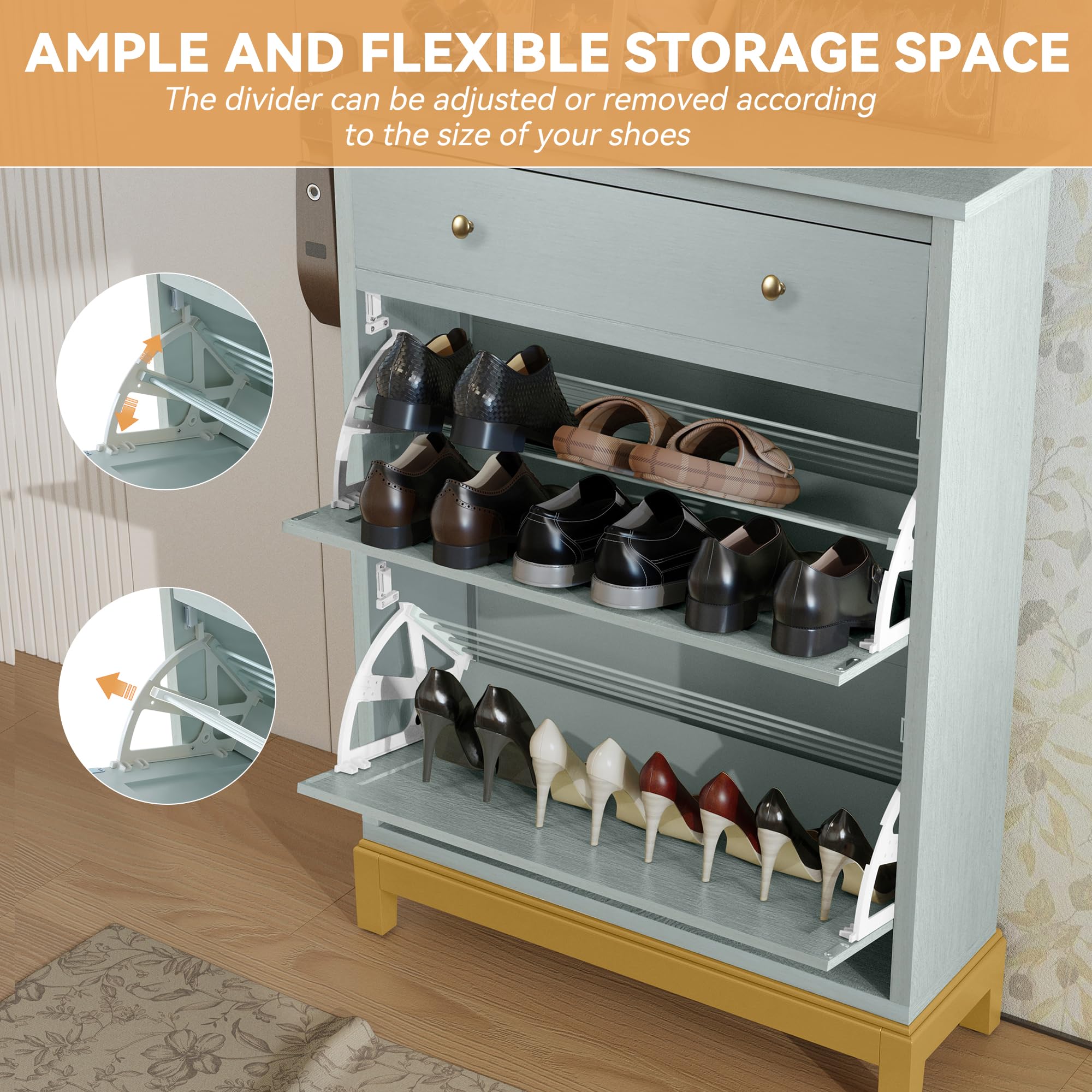 HLR Space Saving Hidden Shoe Cabinet with 2 Flip Doors 1 Drawer, Entryway Shoe Storage Cabinet, Narrow Shoe Rack Cabinet, Freestanding Hidden Shoe Rack Storage Organizer, Green with Gold Legs