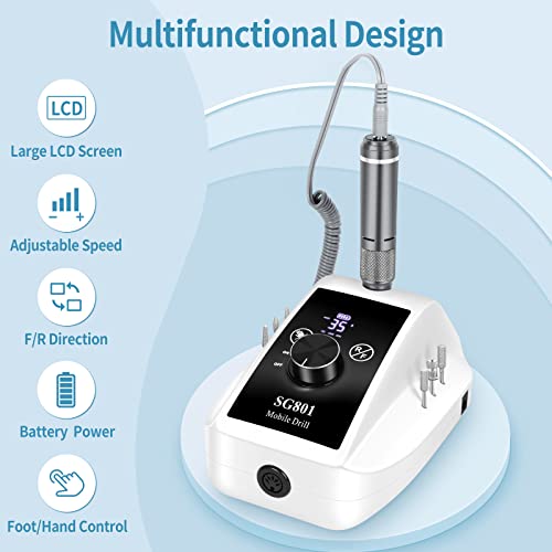 HUGMAPLE Professional 35000RPM Nail Drill for Acrylic Nails, Electric Nail File Machine for Remove Gel Polish Nail, Rechargeable Cordless E File with Bits & Foot Pedal for Manicure Salon Home, White