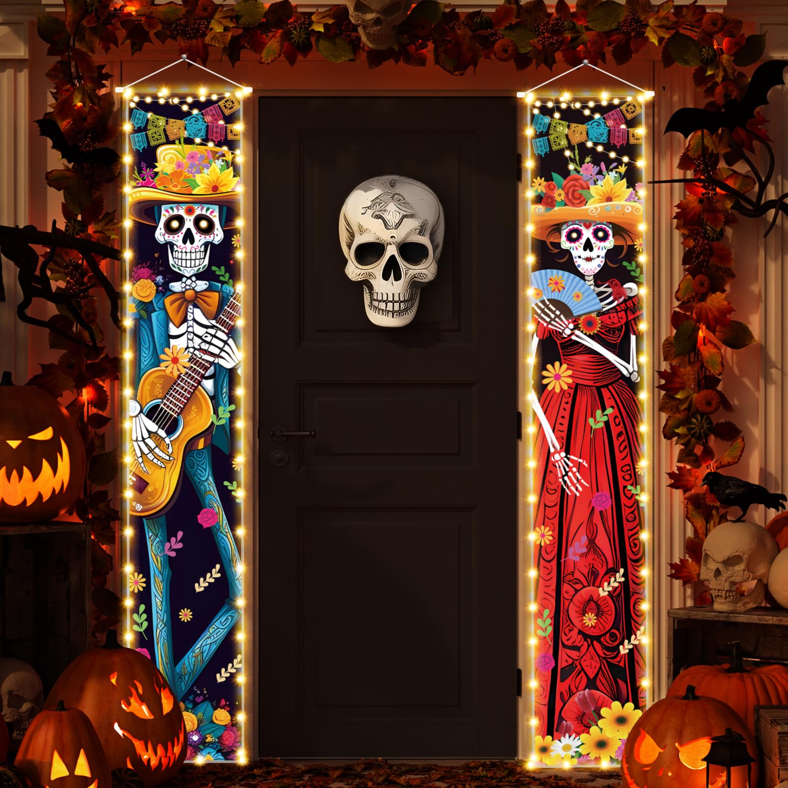Halloween Decorations Dia De Los Muertos Lighted Porch Sign Banners Halloween Decor Mexico Day of The Dead Porch Signs Banner Indoor Outdoor Wall Door Party Decor Decoration Ornaments