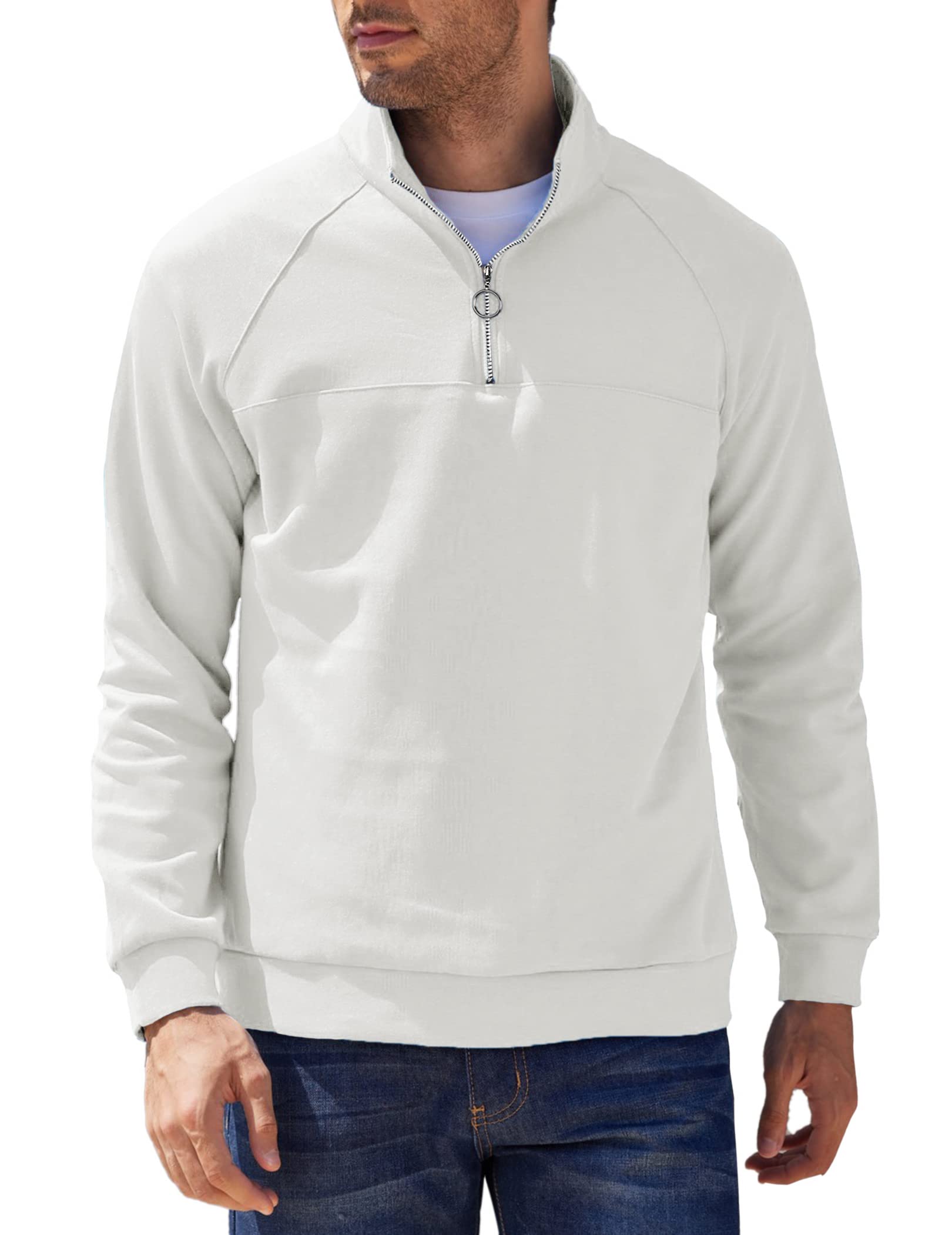 COOFANDY Men's Quarter Zip Pullover Lightweight Regular Fit Long Sleeve Mockneck Sweatshirt White