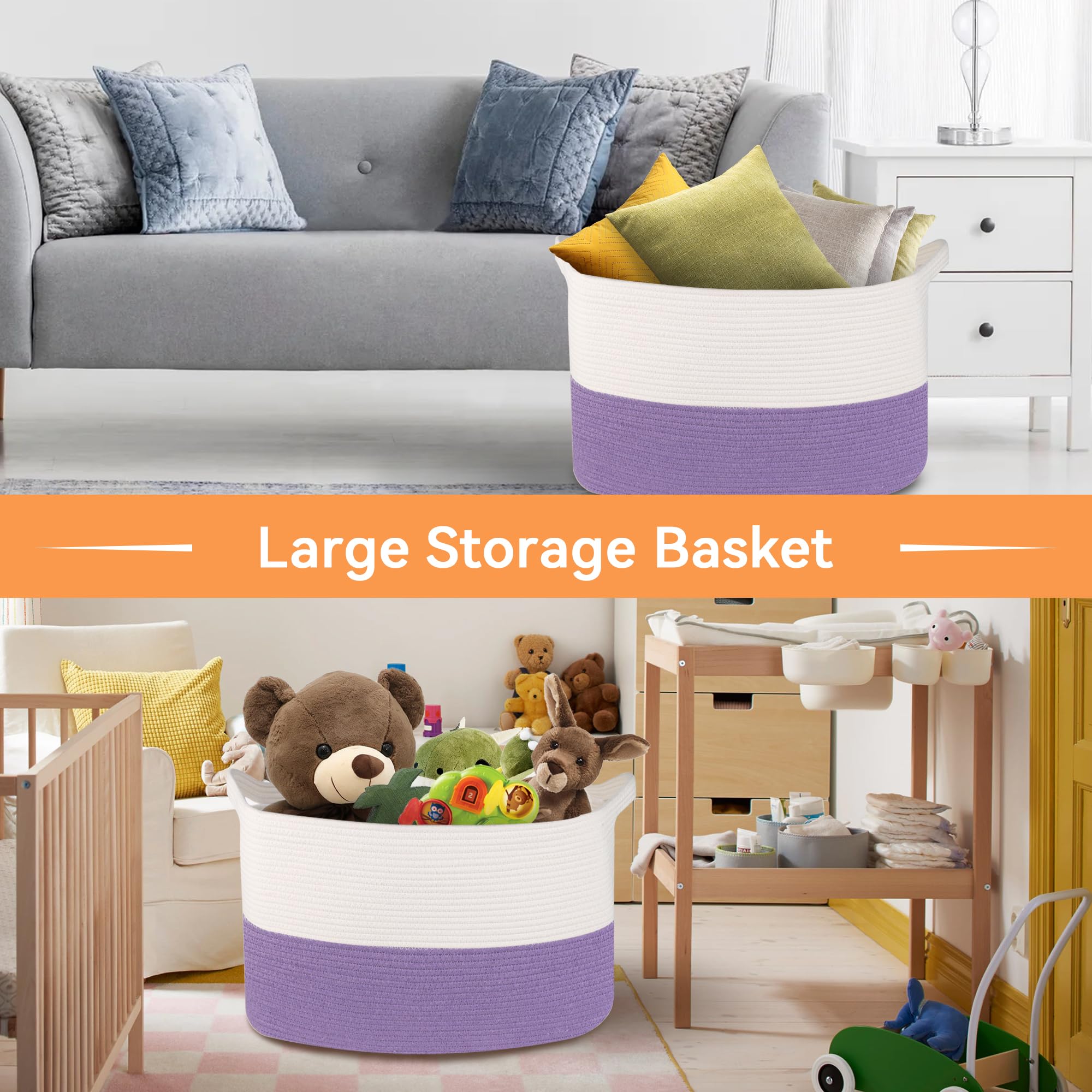 Comfymon 22'' x 17'' x 12'' Large Storage Baskets, Rectangle Woven Baskets for Storage, Baby Nursery Storage Basket for Books, Toys, Towels, Blankets, Purple