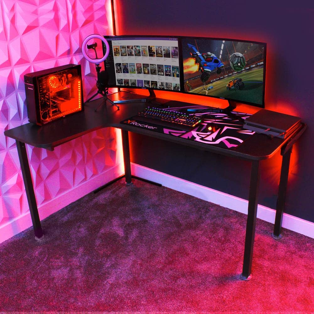 X Rocker Panther XL Left Corner Gaming Desk with Free Large Mousepad Included, Ultra Wide Left-Hand Corner Computer Table, Grey Carbon Fibre Effect and Cable Management