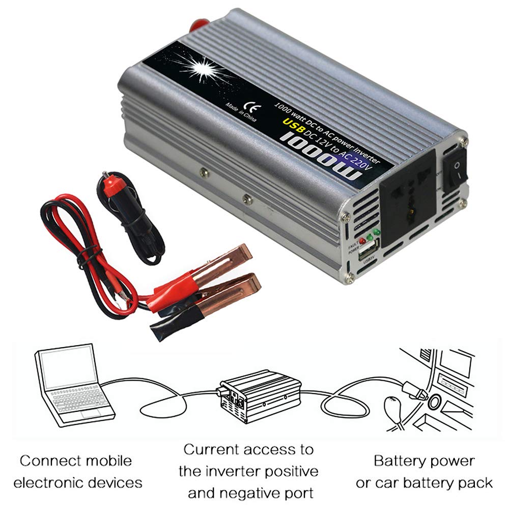 Carrfan Power Inverter Vehicle Power Converter Universal Modified Sine Wave 1000W DC 12V/24V to 100-120V/220-240V AC