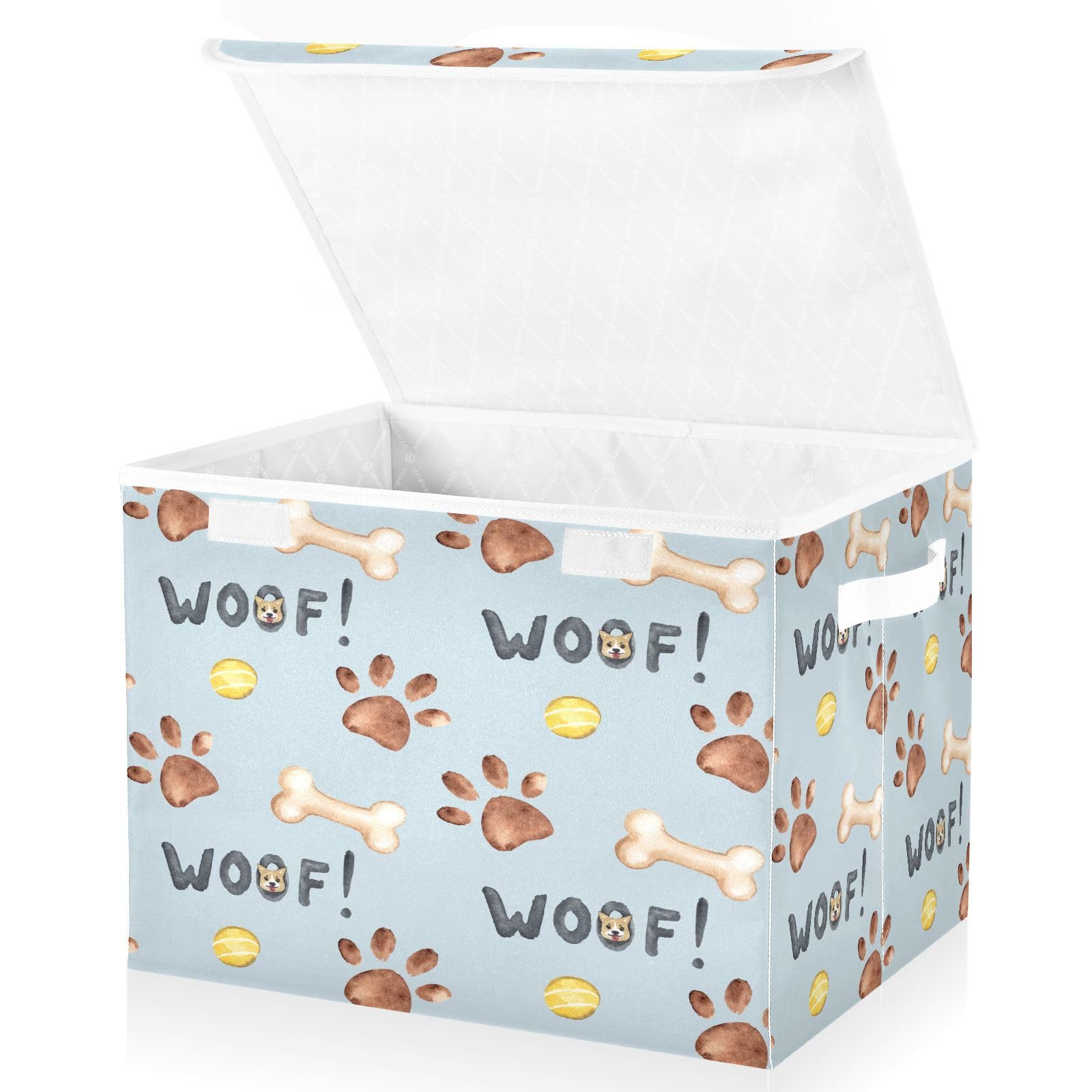 DIGTIA Storage Bins with Lids Pet Paw Brown Foldable Storage Boxes with Handles Dog Watercolor Large Storage Basket Collapsible Organizer Containers for Closet Home Bedroom Office