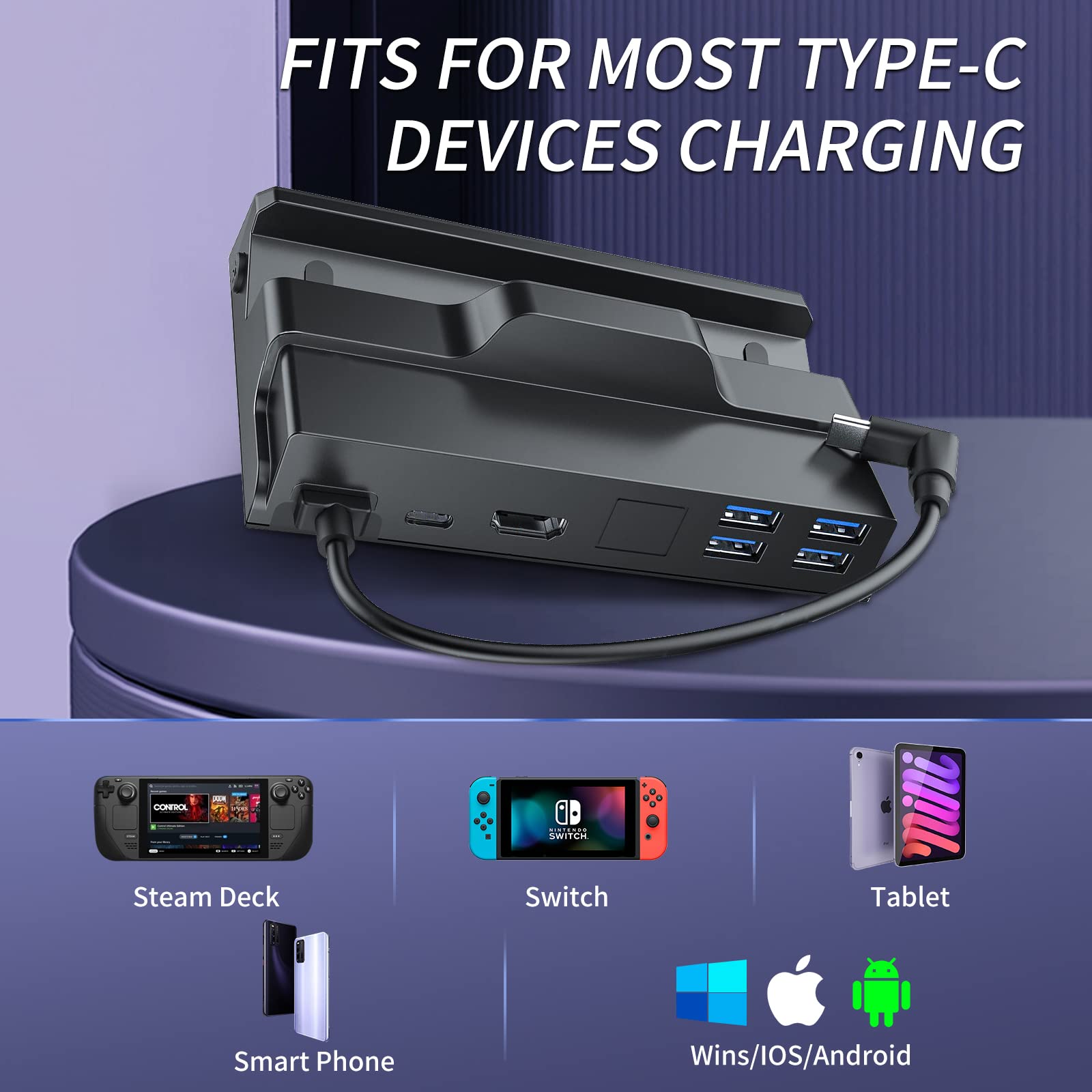 Docking Station for Steam Deck, SIKRO 6-in-1 Hub Steam Deck Dock Stand with 4 USB-A 3.0, HDMI, PD 3.0 Fast Charger USB-C, and Full Speed Charging USB-C Port Designed for Valve Steam Deck