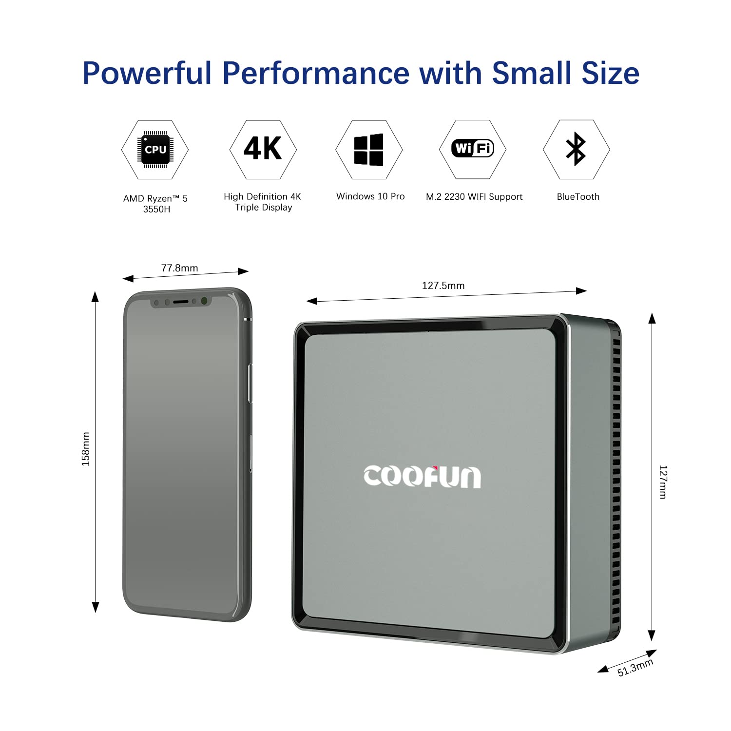 COOFUN UM350 Mini PC Windows 11 Pro 8 GB RAM 256 GB PCIe SSD AMD Ryzen 5 3550H Mini Desktop Computers, Radeon Vega 8 Graphics, Dual-Band Wi-Fi, 4K HDMI/DisplayPorts/USB-C Mini Gaming PC