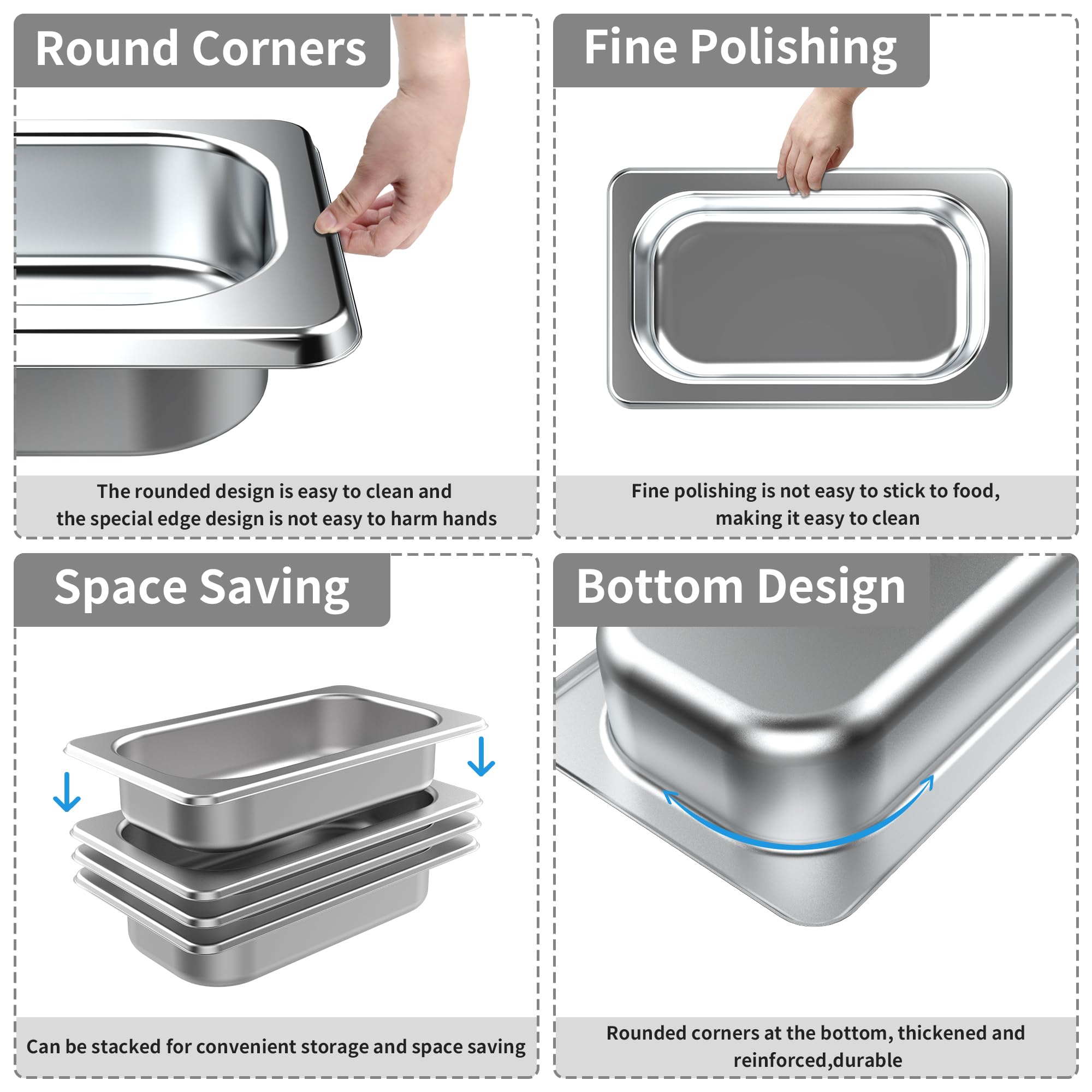 HNEDSEN 6 Pack Stainless Steel Hotel Pan With Lids Full Size 4 Ince Deep Steam Table Metal Food Pan Steamer Trays for Buffet Catering Pans Metal Commercial Kitchen Pans