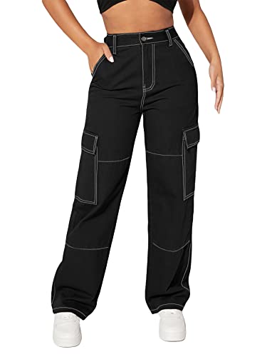 MakeMeChic Women's Cargo Jeans High Waist Flap Pocket Straight Leg Denim Pants Black Petite Petite M