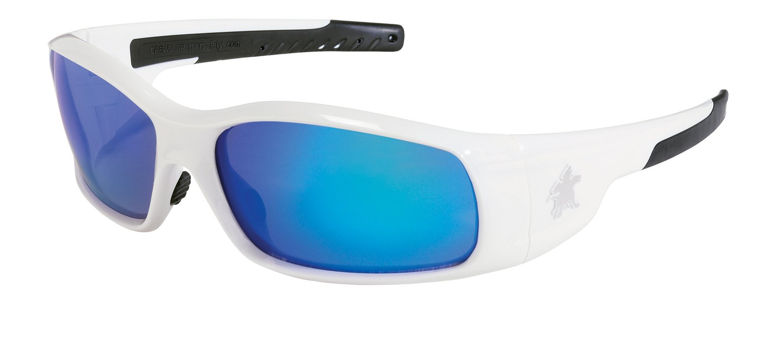 Crews SR128B Swagger Safety Glasses, Blue Diamond Mirror Polycarbon Lenses, White Frame, 6" x 2"
