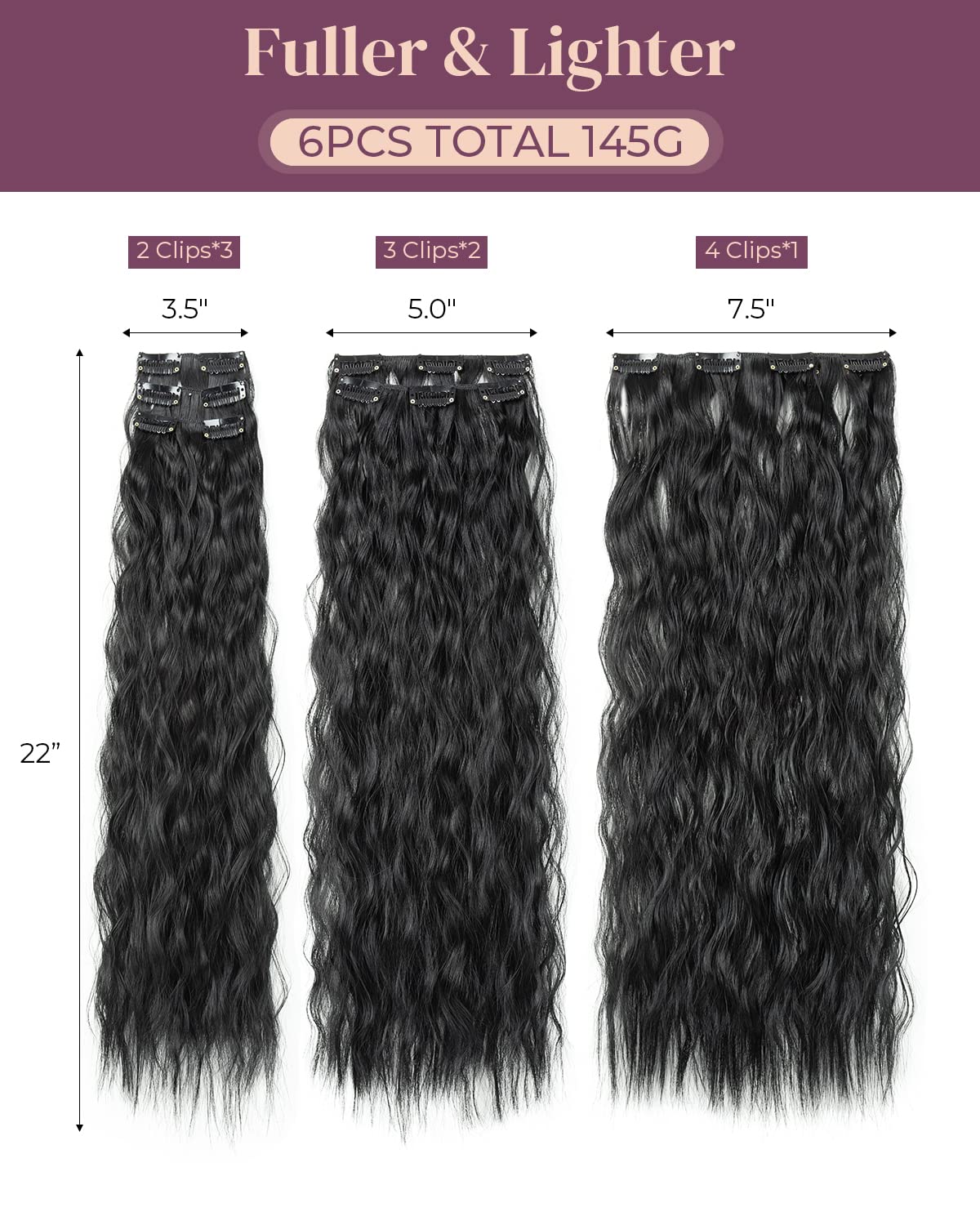 LONAI Clip In Hair Extensions, 6PCS 24" Black Hair Extensions Long Mermaid Waves Wavy Synthetic Clip On Hairpiece For Women(Black)