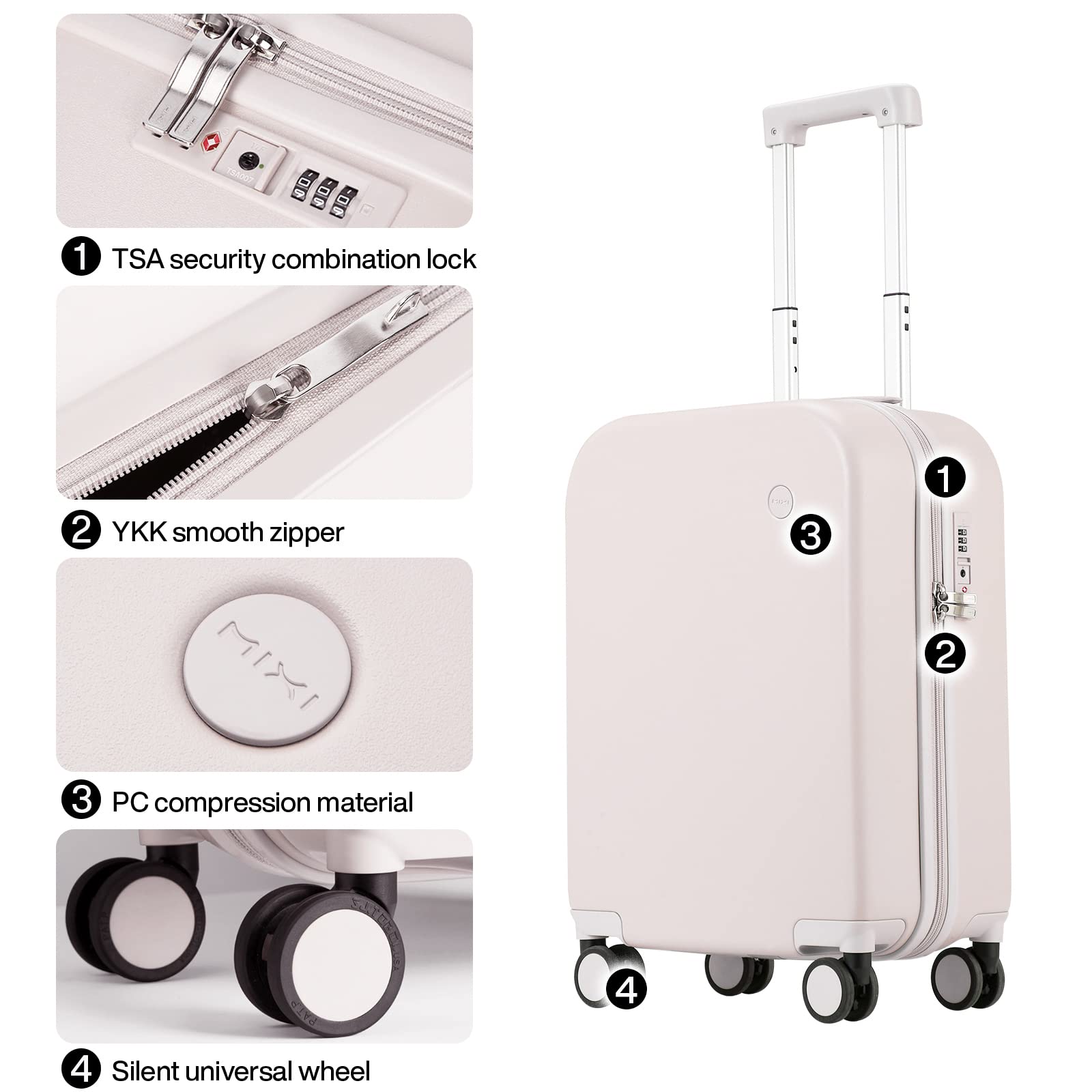 Carry on Luggage, Mixi Suitcase Spinner Wheels Luggage Hardshell Lightweight Rolling Suitcases PC with Cover & TSA Lock for Business Travel