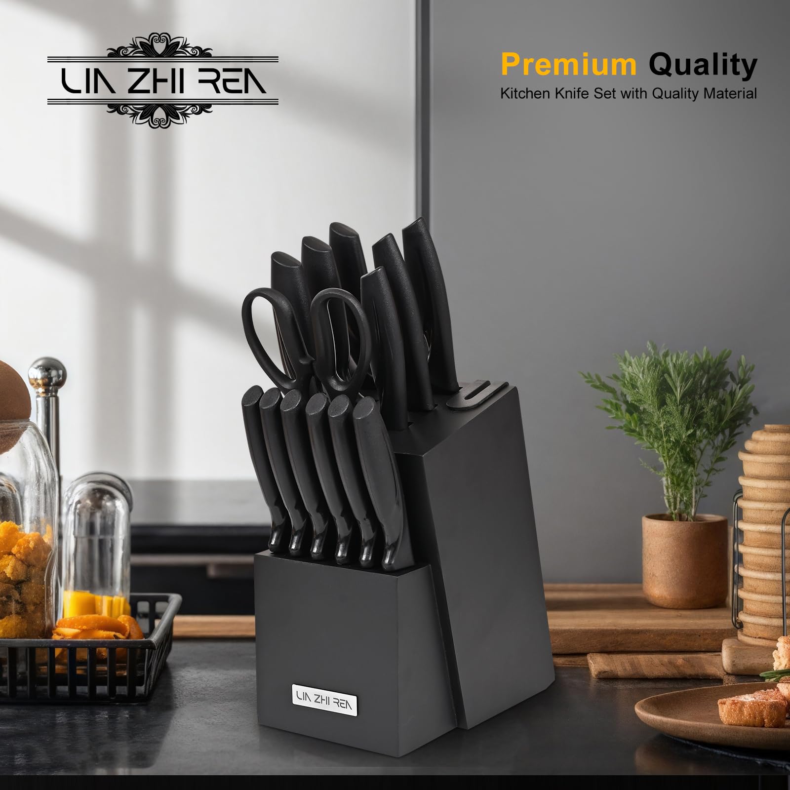 Knife Set, 15 Pieces Kitchen Knife Sets with Block, Built-in Sharpener, Dishwasher Safe, Anti-slip Ergonomic Handle, Knife Block Set for Chopping, Slicing, Dicing & Cutting, Black