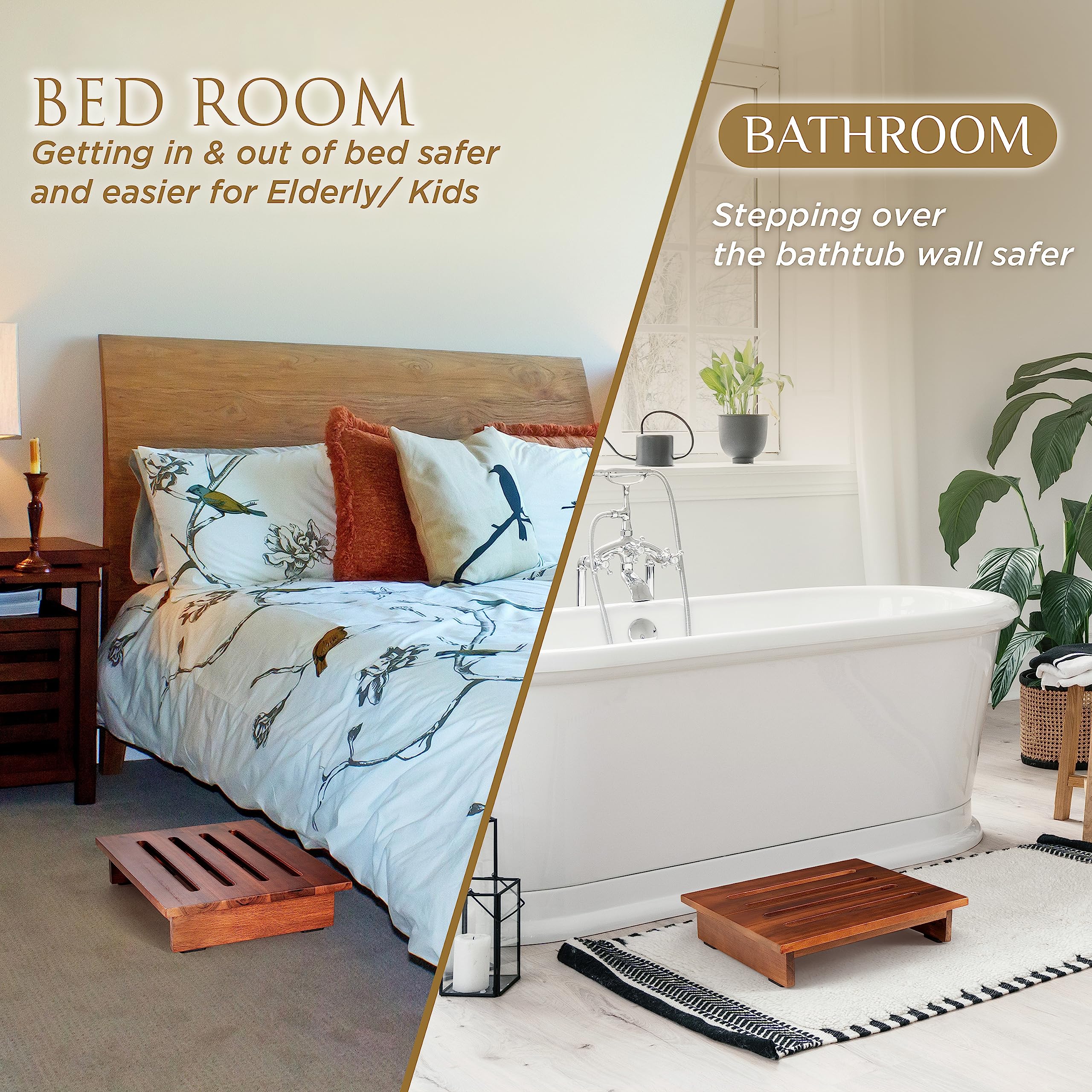 Holana 3.5" One Step Stool for Adults - Step Stools for Bed - Indoor/Outdoor - 550 lbs Safety Stepping Stool Bathroom for Handicap, Elderly, Seniors, Kid, Bathtub, High Beds, Kitchen (Acacia Wood)