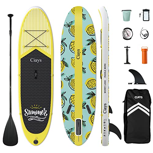 Ciays Inflatable Paddle Board with SUP Accessories of Backpack, 1 Fins, 2 Bags, Leash, Adjustable Paddles, Waterproof Bag, and Hand Pump, 10ā5x30āāx6āā Stand Up Paddleboard Yellow