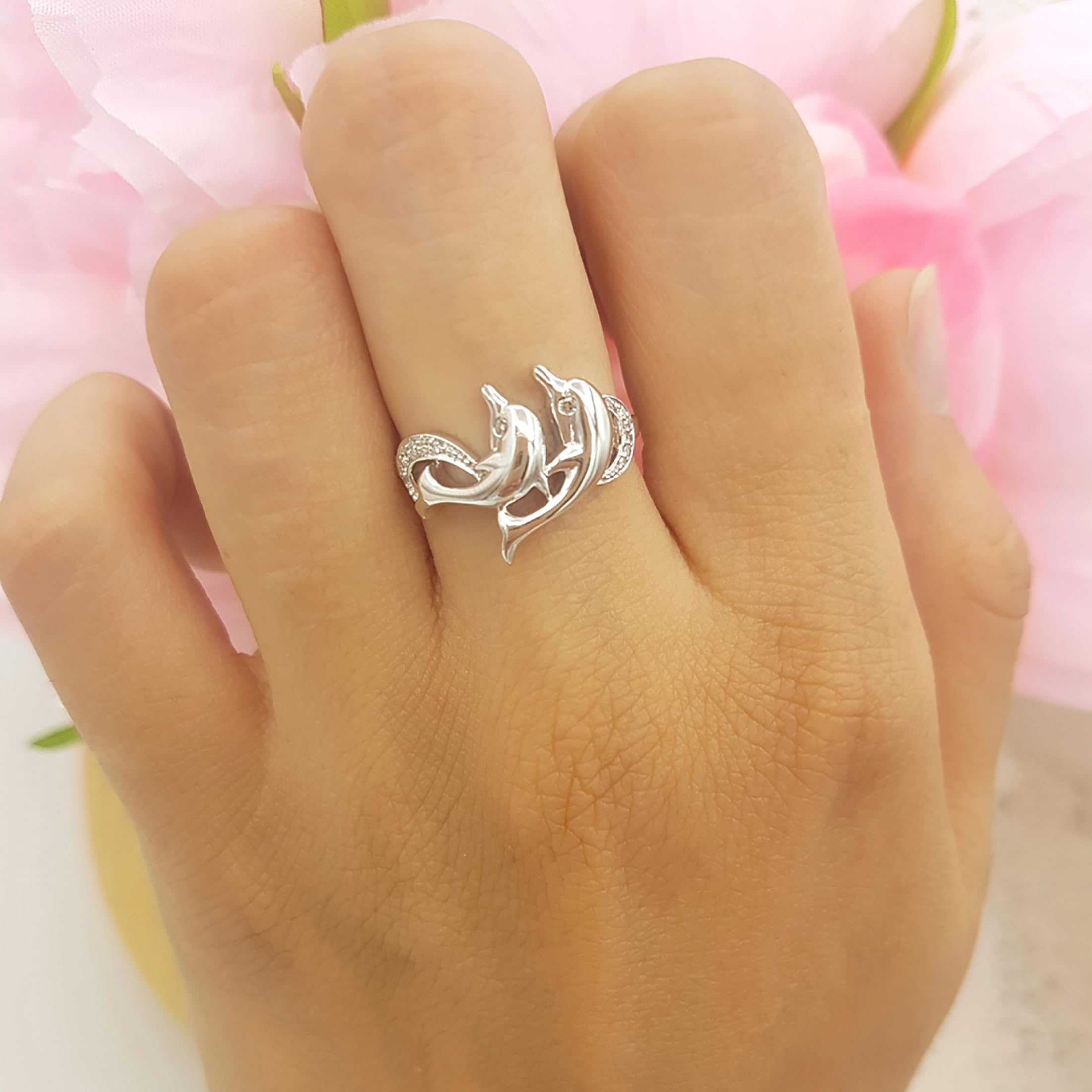 Dazzlingrock Collection 0.07 Carat (ctw) Round White Diamond Ladies Cocktail Right Hand Dolphin Ring | 925 Sterling Silver, Size 6