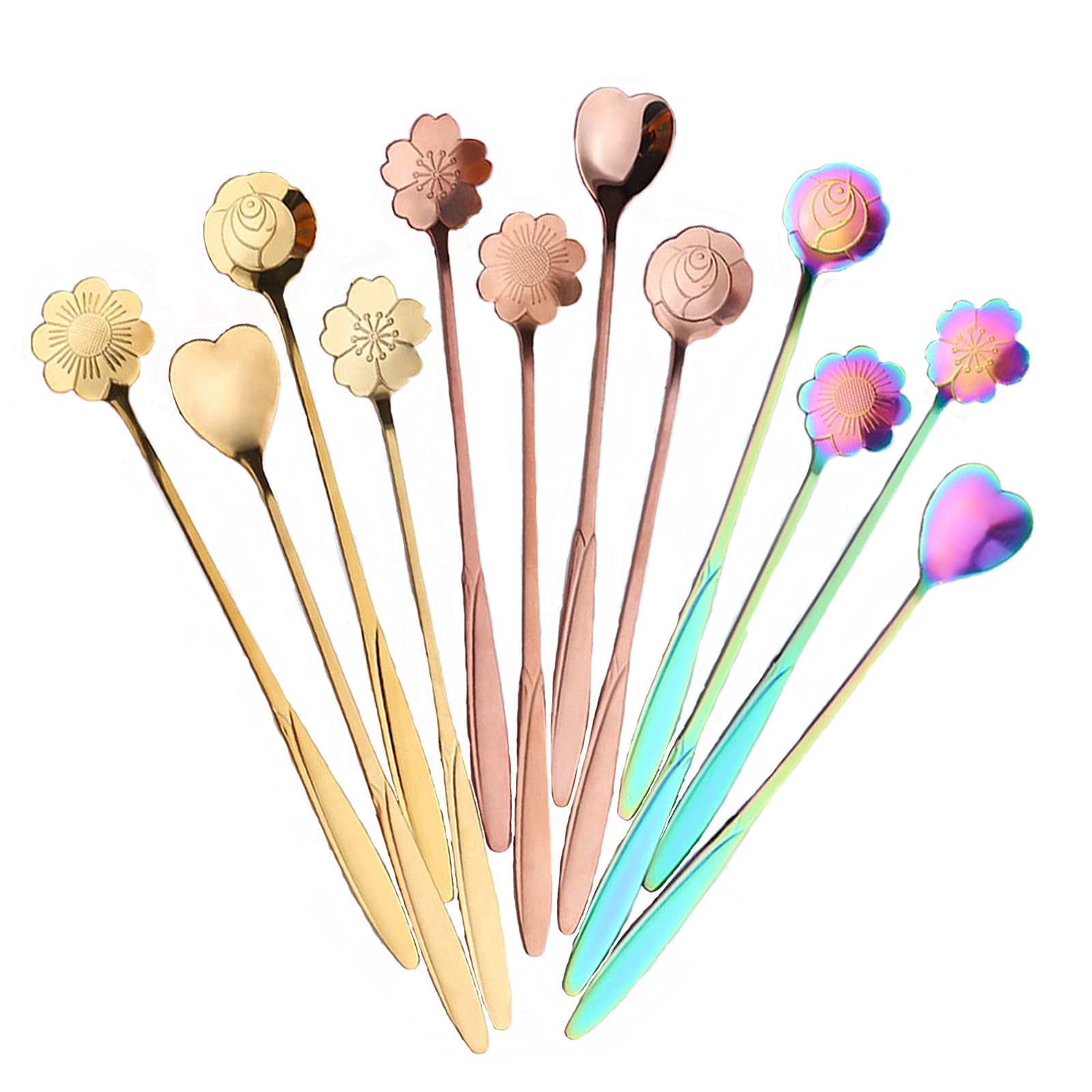 Diaertiny 12Pcs Flower Spoon Long Handle Coffee Dessert Stirring Ice Teaspoons Gold, Rose Gold, Rainbow Cocktail Stainless Steel Spoons for Bar Home Office Party