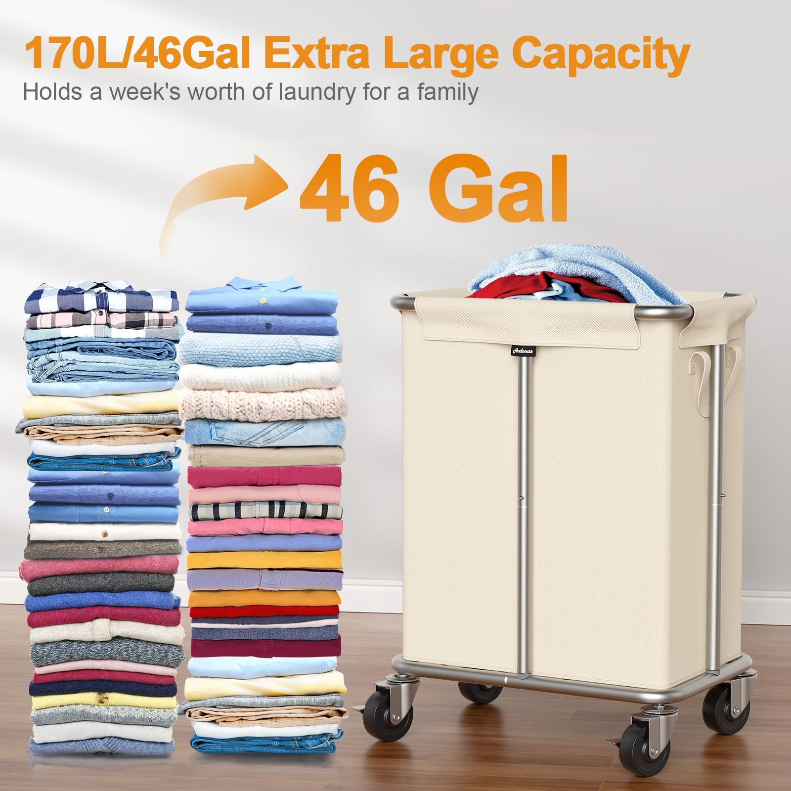 Hodonas Laundry Basket with Wheels, Rolling Laundry Hamper 170L Large Dirty Clothes Hamper Cart with Metal Frame and Removable Bag, Hampers for Bedroom, Bathroom, and Laundry Room Organization, Beige
