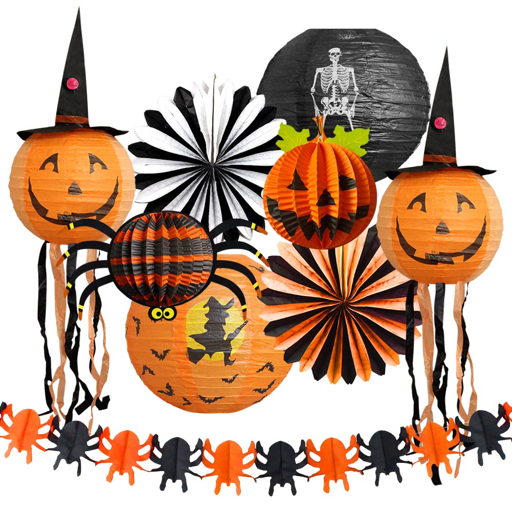 Halloween Party Decorations, Black Orange Party Supplies, Hanging Paper Lanterns Pumpkin Honeycomb Tissue Paper Fan Spider Garland Halloween Party for Kids Adults Home Decor Indoor Outdoor