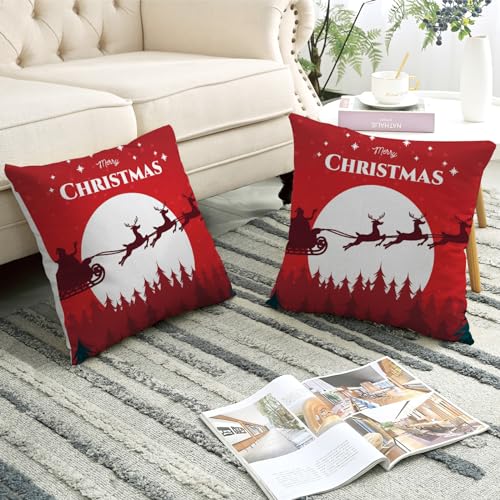 Christmas Deer Pillow Covers Moon Tree Snowflakes Animal Square Soft Linen Pack of 2 Throw Pillow Covers Home Decorative,red,18x18 Inch