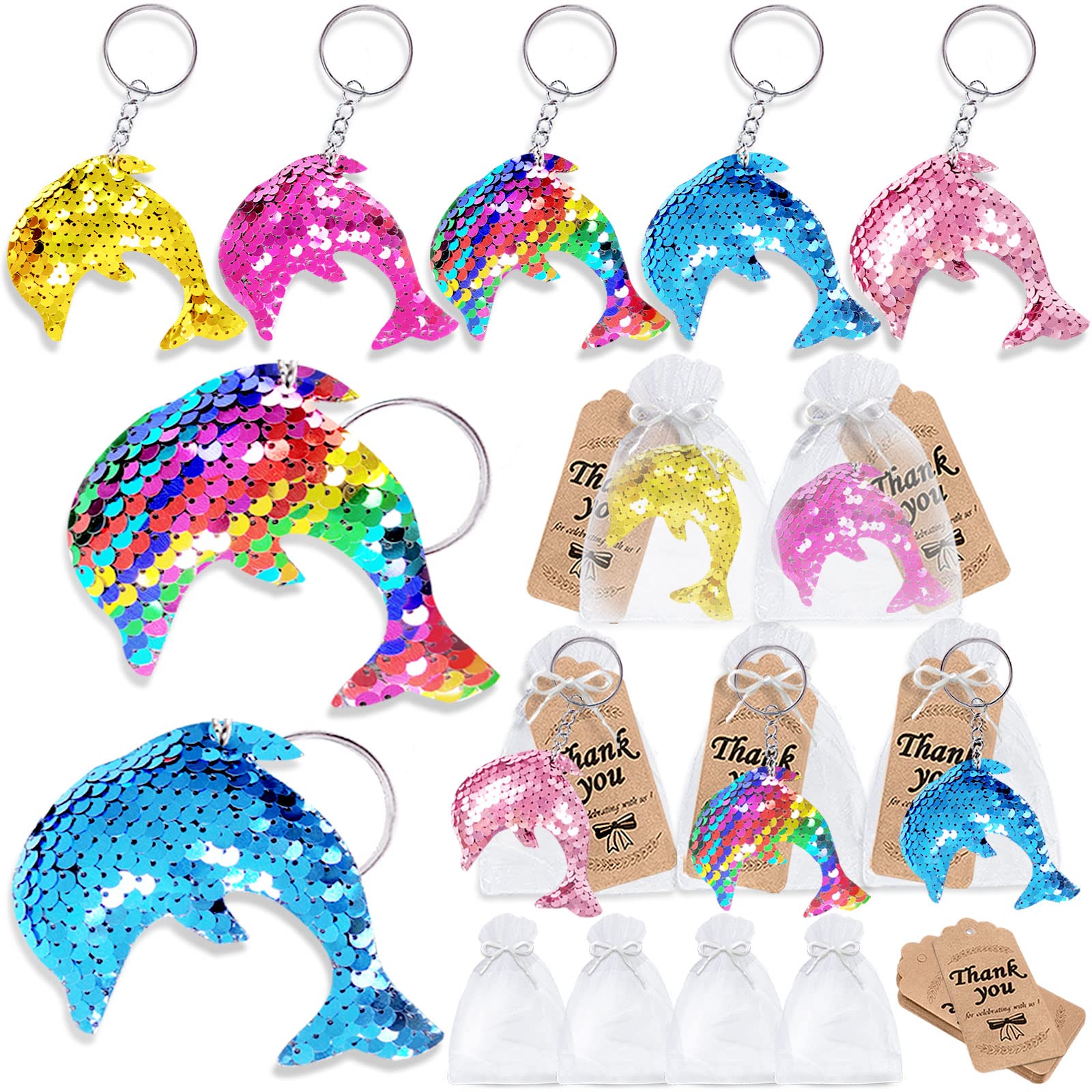 CiciBear 60 Pack Dolphin Sequin Keychains Set with 20 Dolphin Keychains, 20 Thank You Tags and 20 Gift Bags for Ocean Themed Party Favors, Kids and Adults Birthday Gift, Baby Shower,Christmas Party