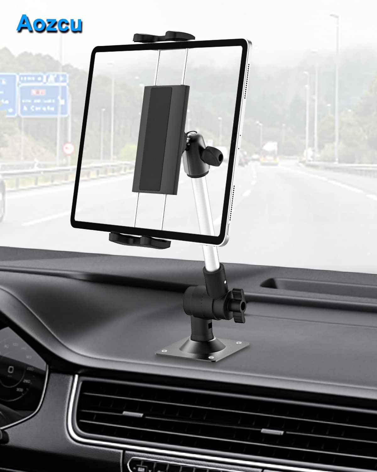 Drill Base Tablet Mount Car Dashboard, Aozcu Heavy Duty Truck Dash iPad Holder with Strong Aluminum Arm, Commercial Vehicles Tablet Stand for iPad Pro Air Mini,Galaxy Tabs, iPhone, All 4-12.9" Tablets