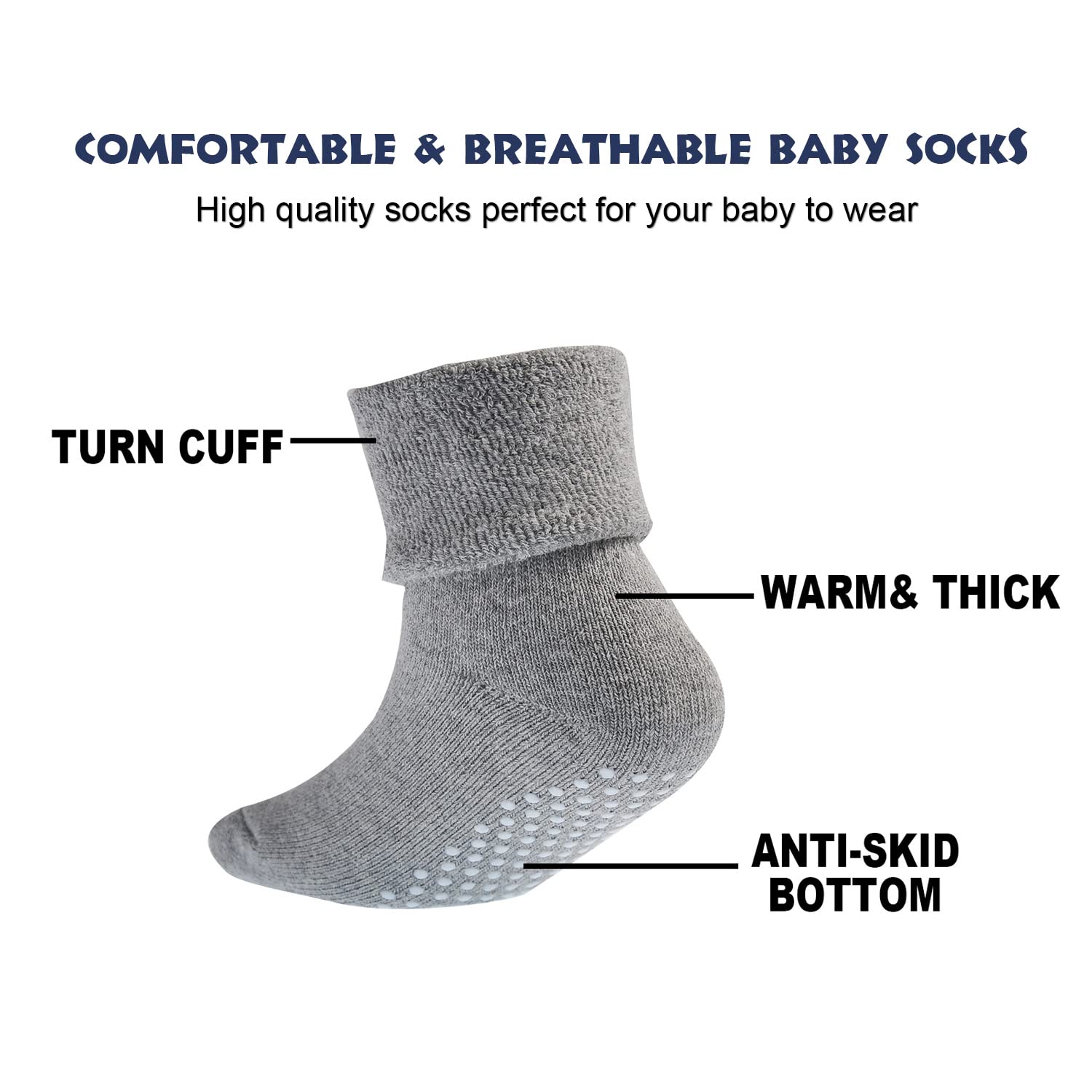EPEIUS Baby Socks Toddler Non-slip Socks Thick Cotton Crew Socks with Grips Soft Warm Socks 2-4T Boys Girls Black White Blue 6 Pack (Size M)