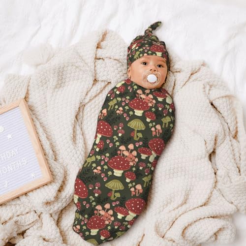 Cute Mushroom Newborn Swaddle Blanket with Beanie Set, Soft and Stretchy Baby Blanket Swaddle Sack for Boy and Girl Gift