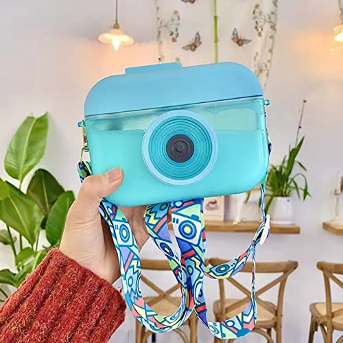 ORIJOYNA 13 oz Cute Water Bottle with Straw - Camera Shape Water Cup with Adjustable Shoulder Straps - Ideal Kawaii Gift for School (Blue)