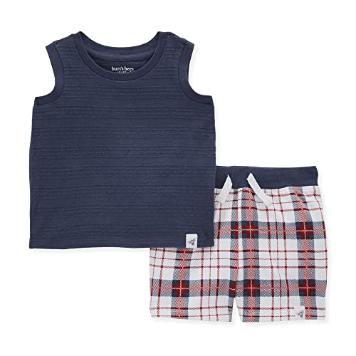 Burt's Bees Baby Boys Shirt Pant Set, Top & Bottom Outfit Bundle, 100% Organic And Toddler Layette Set, Patriotic Plaid, 12 Months US