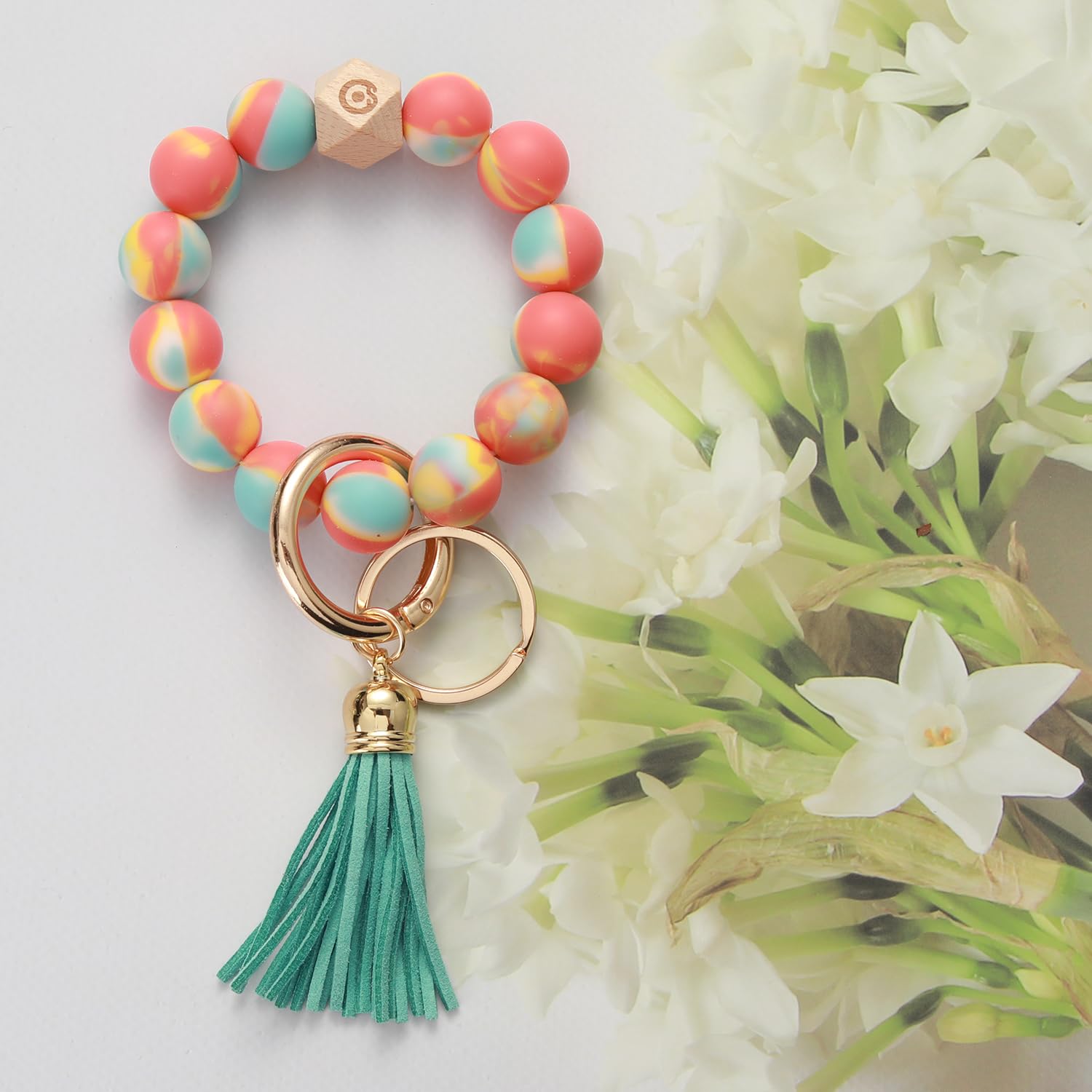 Coolcos Silicone Key Ring Bracelet for Women Portable Keychain Holder, Car Keychain Elastic Beaded Wristlet with Tassel (rainbow colorful)