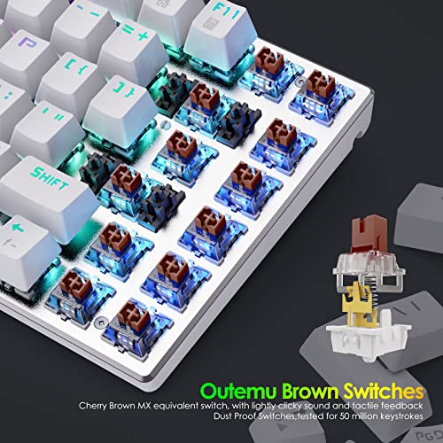 HUO JI E-Yooso Z-88 RGB Mechanical Gaming Keyboard, Metal Panel, Brown Switches, 75% Compact 81 Keys for Mac, PC, Silver and White