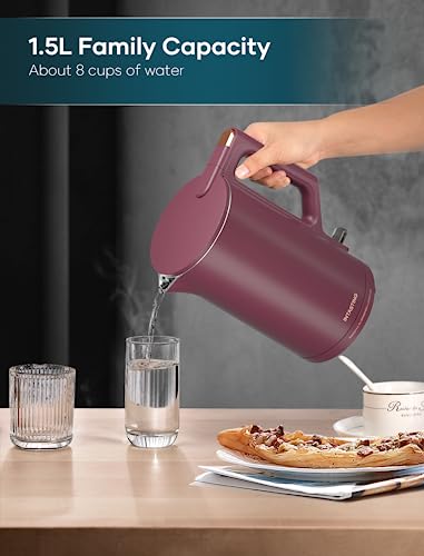 INTASTING Electric Kettle for boiling water Double Wall 100% Stainless Steel Inner 1500W Fast Heating 1.5L Hot Water Boiler Auto Shut-Off & Boil Dry Protection BPA-Free Electric Tea Kettle Red