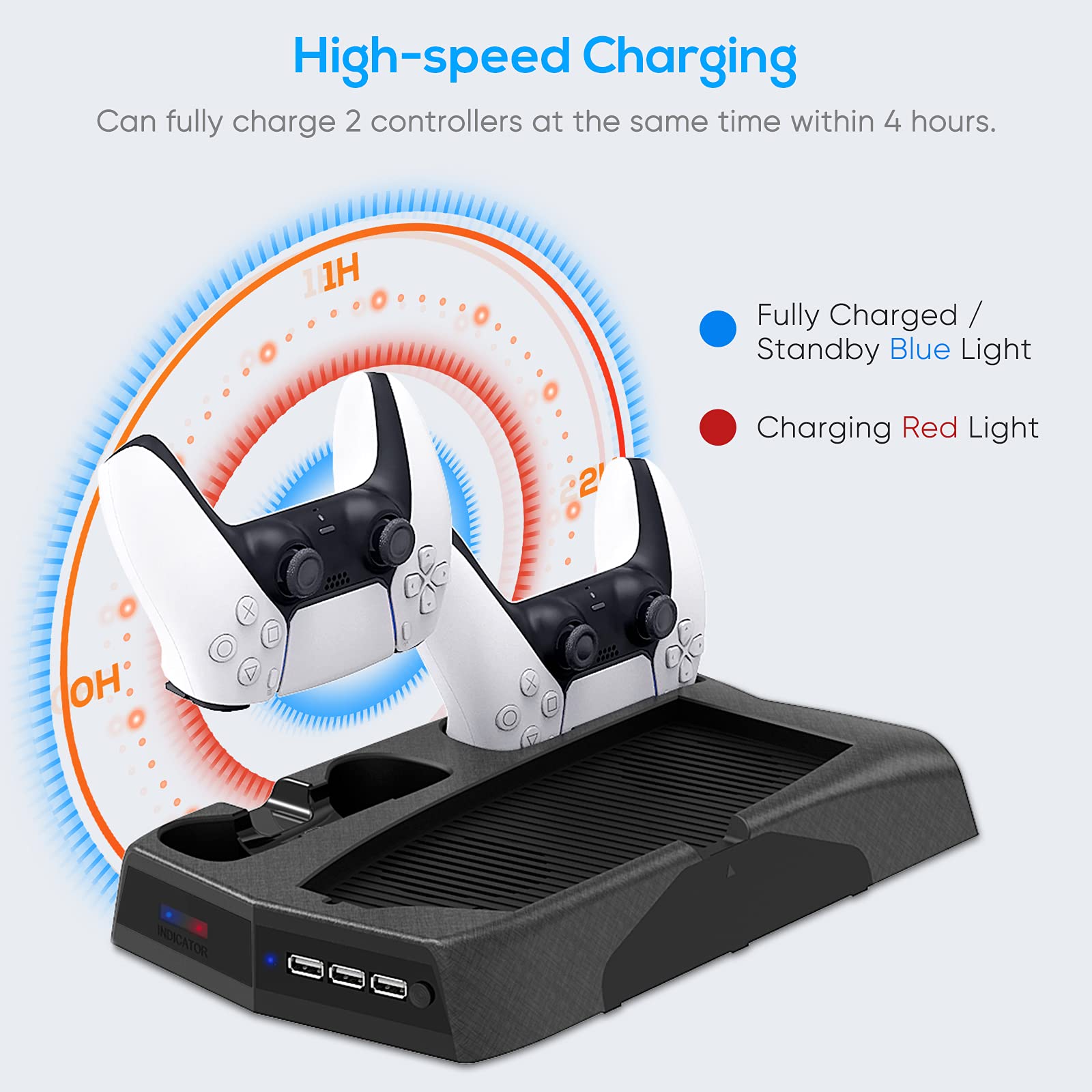 Cooling Charger Station Compatible with Playstation 5 - Auarte Controller Charging Dock Station with Cooler System, Dual Controller Charger for Dualsense with LED Indicators & 14 Games Slots