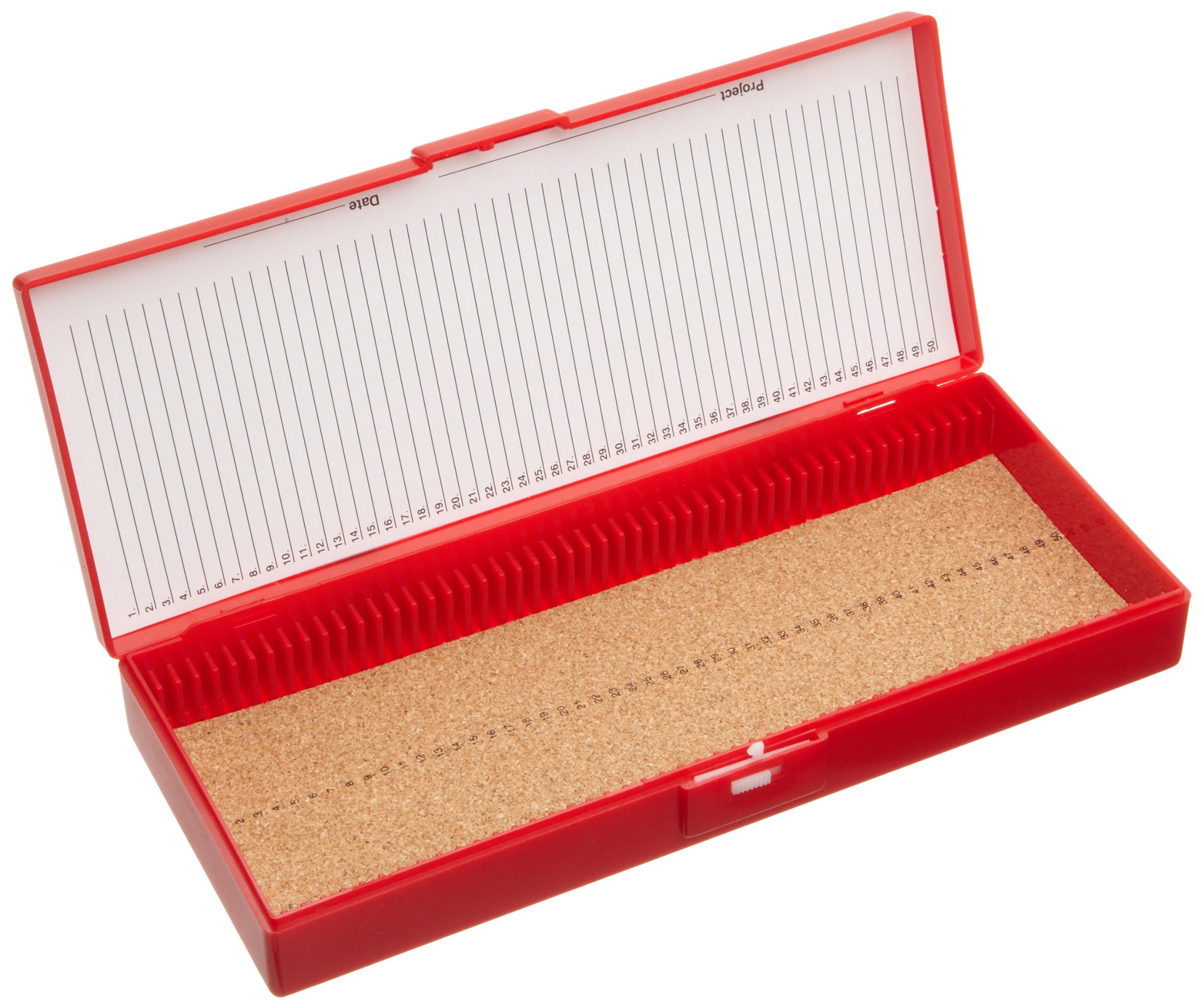 Heathrow Scientific - HEA15996B HD15996B Red Cork Lined 50 Place Microscope Slide Box, 8.3" Length x 3.38" Width x 1.25" Height