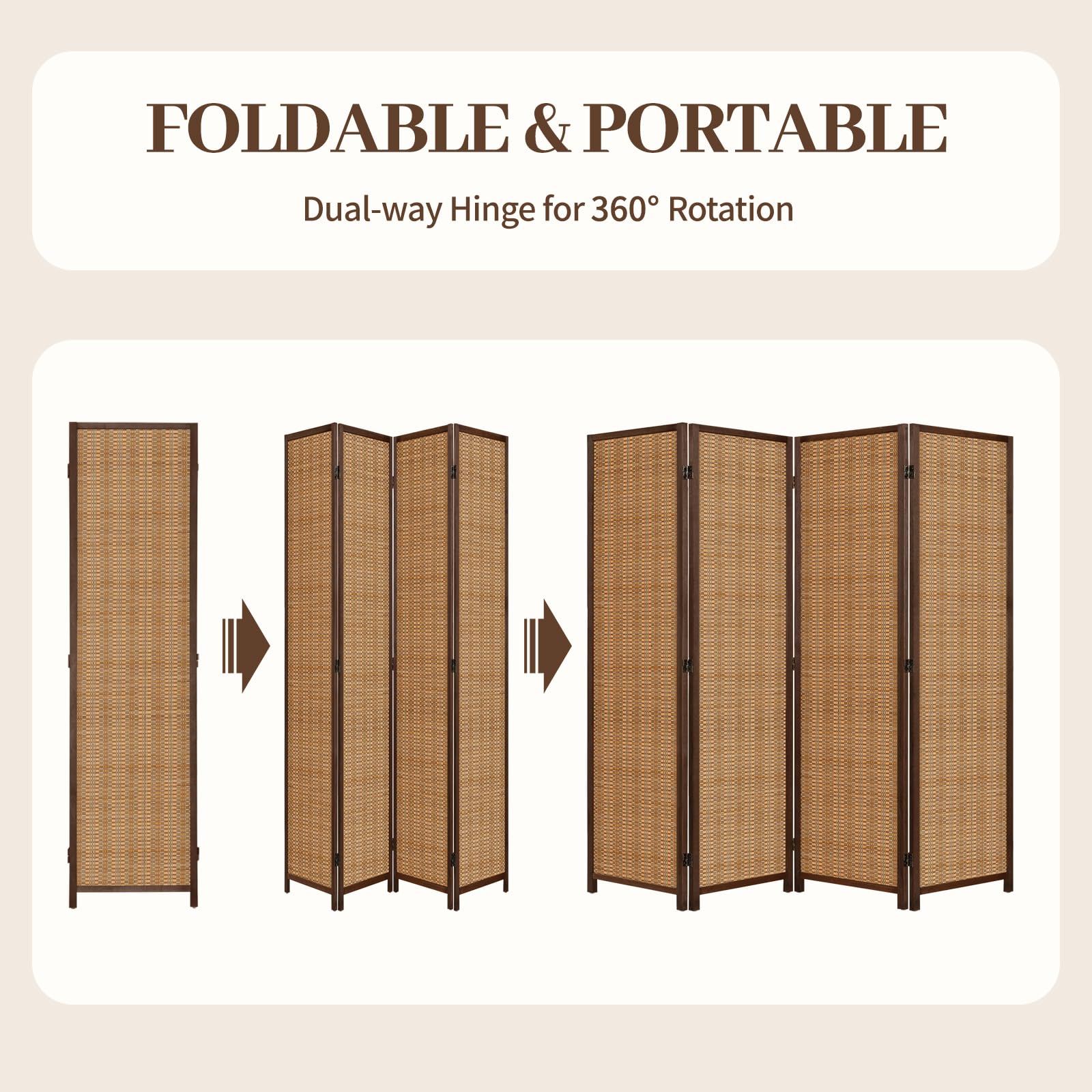 HALLYBEE Room Divider, Room Dividers and Folding Privacy Screens Privacy Screen, Divider for Room Separation Partition Room Dividers, 16" Screen 5.6FT Bamboo Wall 4 Panel, Brown with Brown Frame