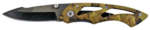 Camouflaged Handled Hunting Knife with a single 6-1/2 Folding Straight Edge Black Smooth Blade made of 440 Stainless Steel