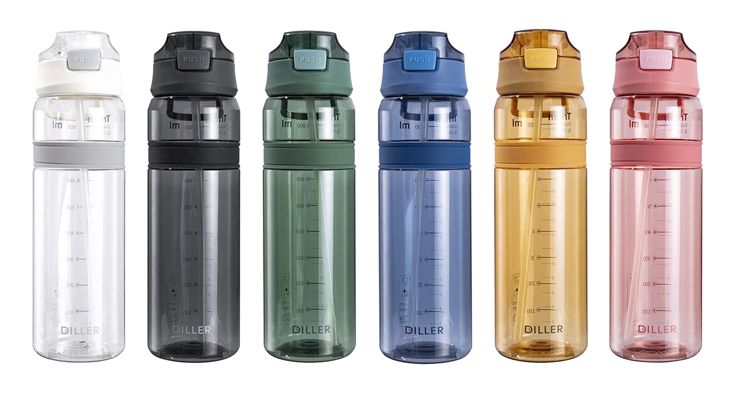 Diller Water Bottle with Straw, 28 or 18 oz BPA Free Plastic Water Bottle with Leak Proof Flip Top Lid for Gym Camping Workouts Outdoors (Clear Green, 28 oz)