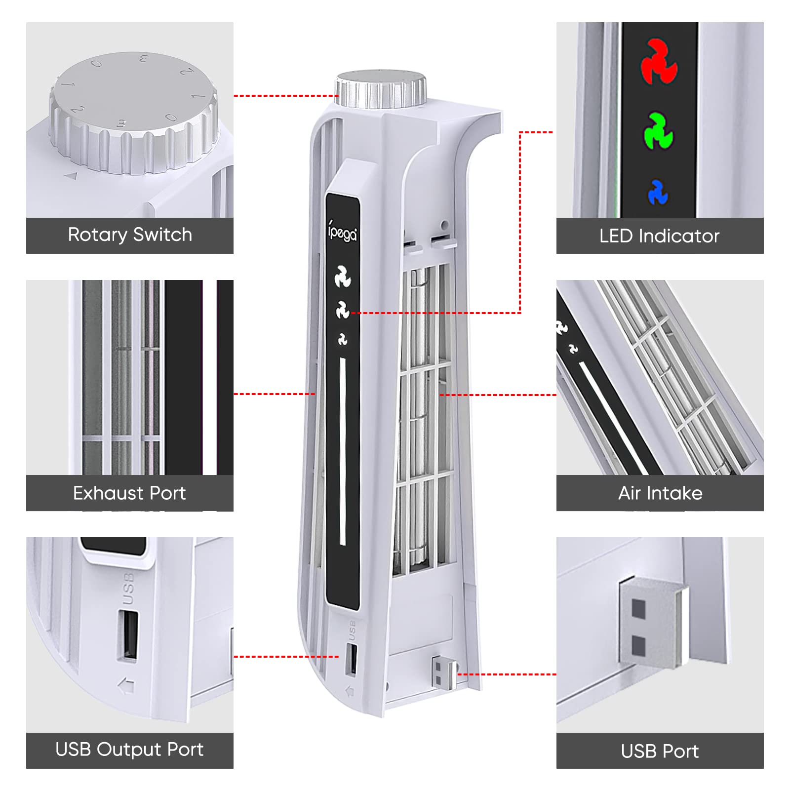 Cooling Fan for PS5 Accessories - Auarte Upgraded Centrifugal Fan Cooler with 3 Level Adjustable Fan, LED Indicator & USB Port for Playstation 5 Disc & Digital Edition Console (White)