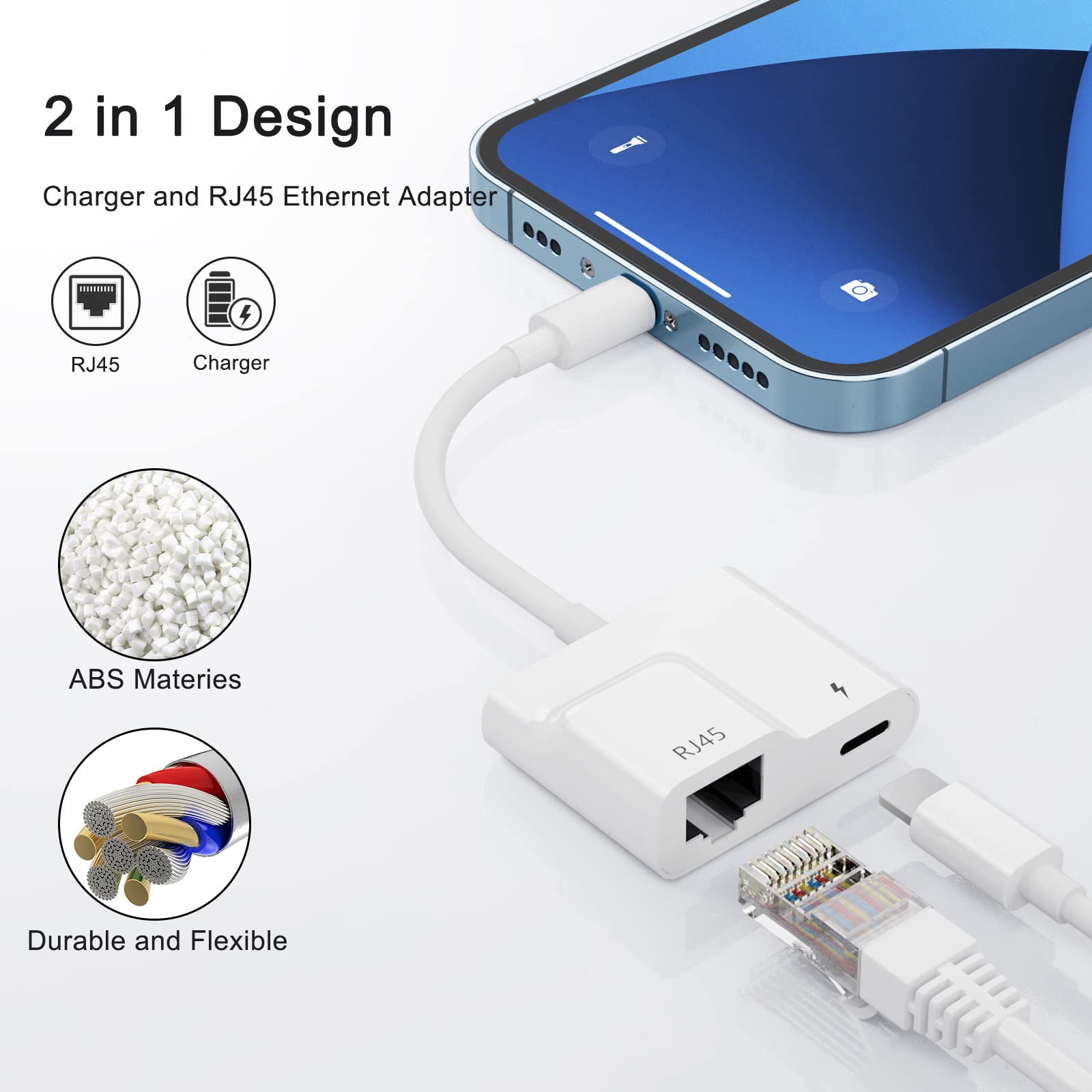 FEINODI Lightning to Ethernet Adapter, 2 in 1 iPhone to Rj45 Ethernet LAN Network Adapter ethernet Cable with Charging Port for ipad POS Syestems,Support New IOS15