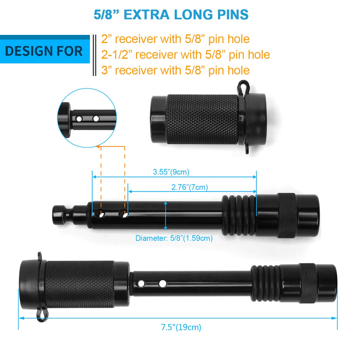 Coitak Trailer Hitch Lock Pin Set, 5/8" Black Tow Hitch Receiver Lock with Anti-Rattle, Extra-Long Locking Hitch Pin with Heavy Duty (5/8" Hitch Lock)