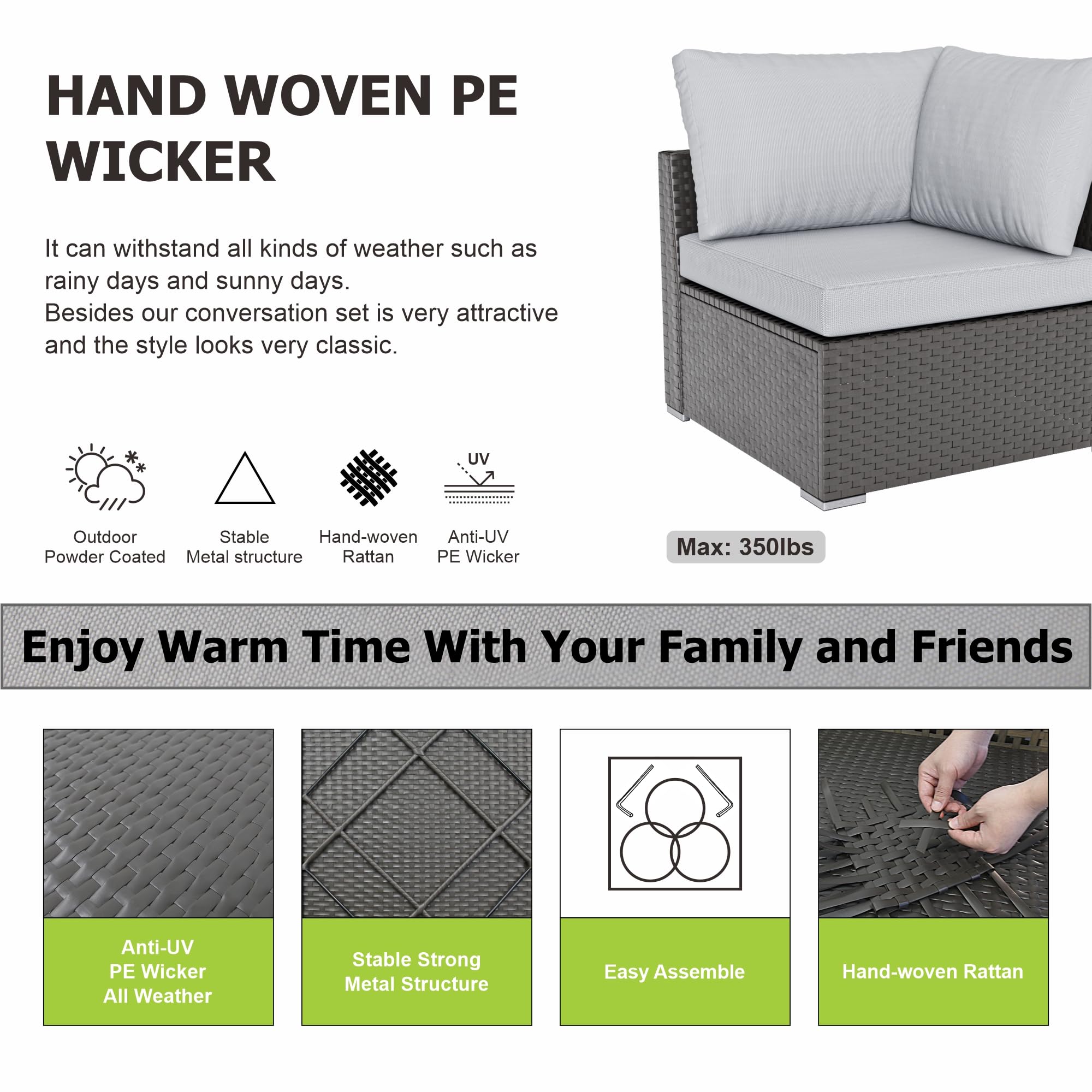Dineli Patio Furniture Set Sofa Outdoor Furniture Set Sectional Couch Fire Pit Table Balcony Furniture Patio Table and Chairs Set with Propane Fire Pit (Light Gray, 6 pcs/firepit Table)