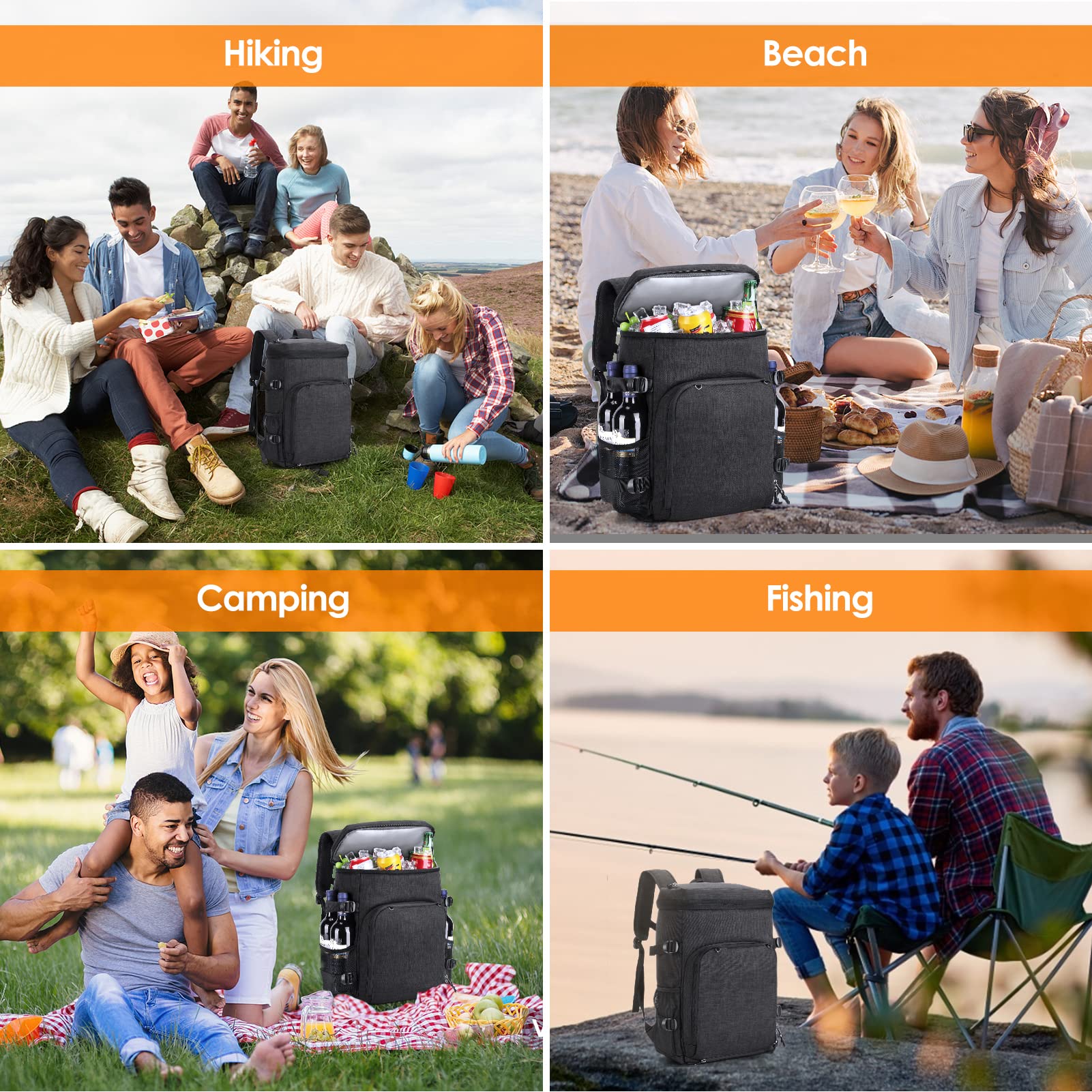 Cooler Backpack Insulated Leak Proof 35 Cans Soft Cooler Bag with Picnic Mat Beach Cooler Lunch Backpack for Picnic Trips Camping Travel Fishing Hiking (Black)