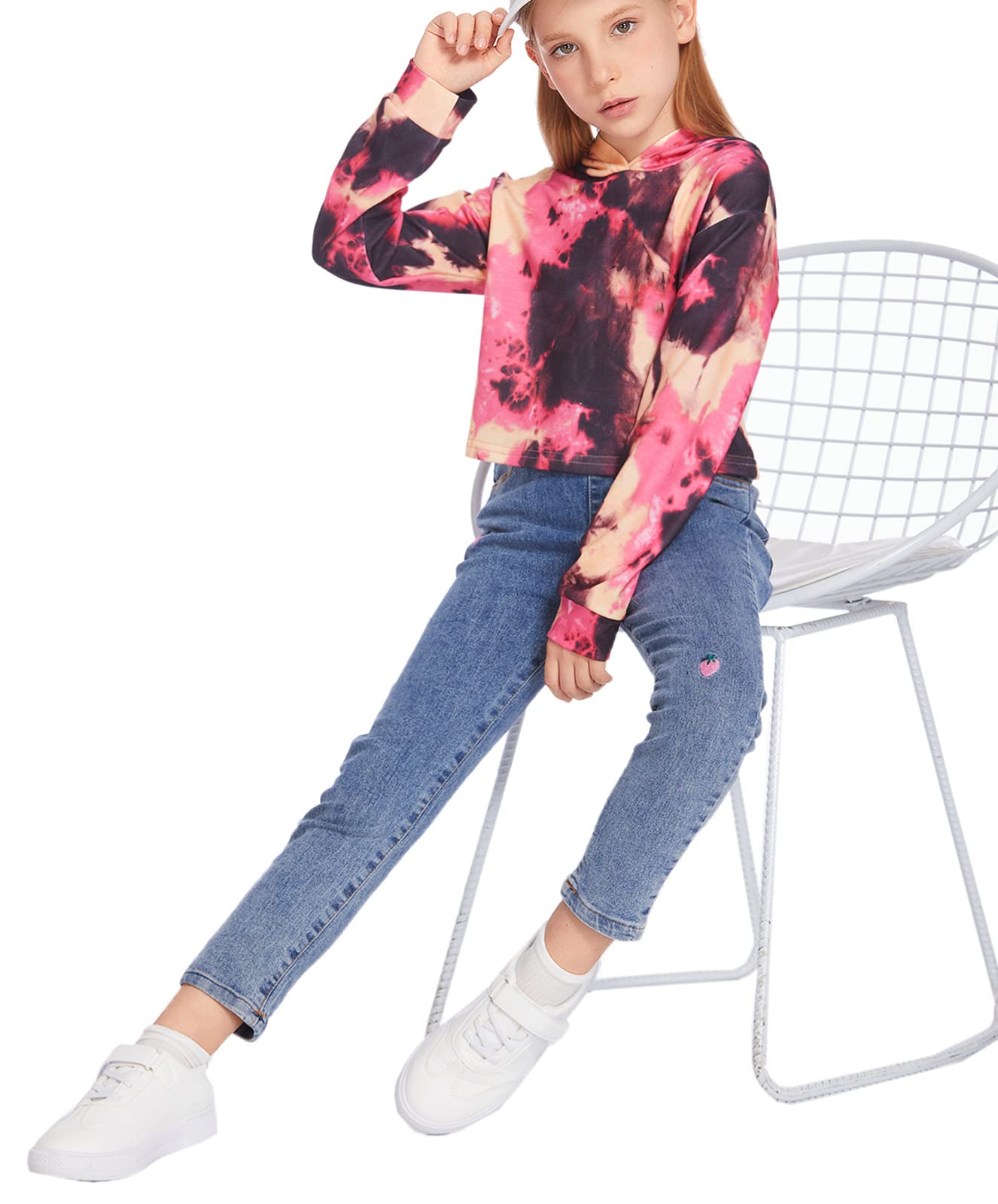 cutteal Girls Crop Hoodies Tie Dye Sweatshirt Pullover Top Kids Cute Long Sleeve Shirt