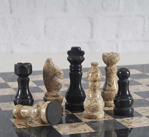 RADICALn 15 Inches Large Handmade Black and Fossil Coral Weighted Marble Full Chess Game Set Staunton and Ambassador Gift Style Marble Tournament Chess Sets