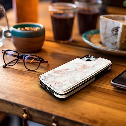 uCOLOR Flip Leather Wallet Case Card Holder Compatible with iPhone 13 6.1 iPhone 14 6.1 Women and Girls with Card Holder Kickstand (Rose Gold Marble)