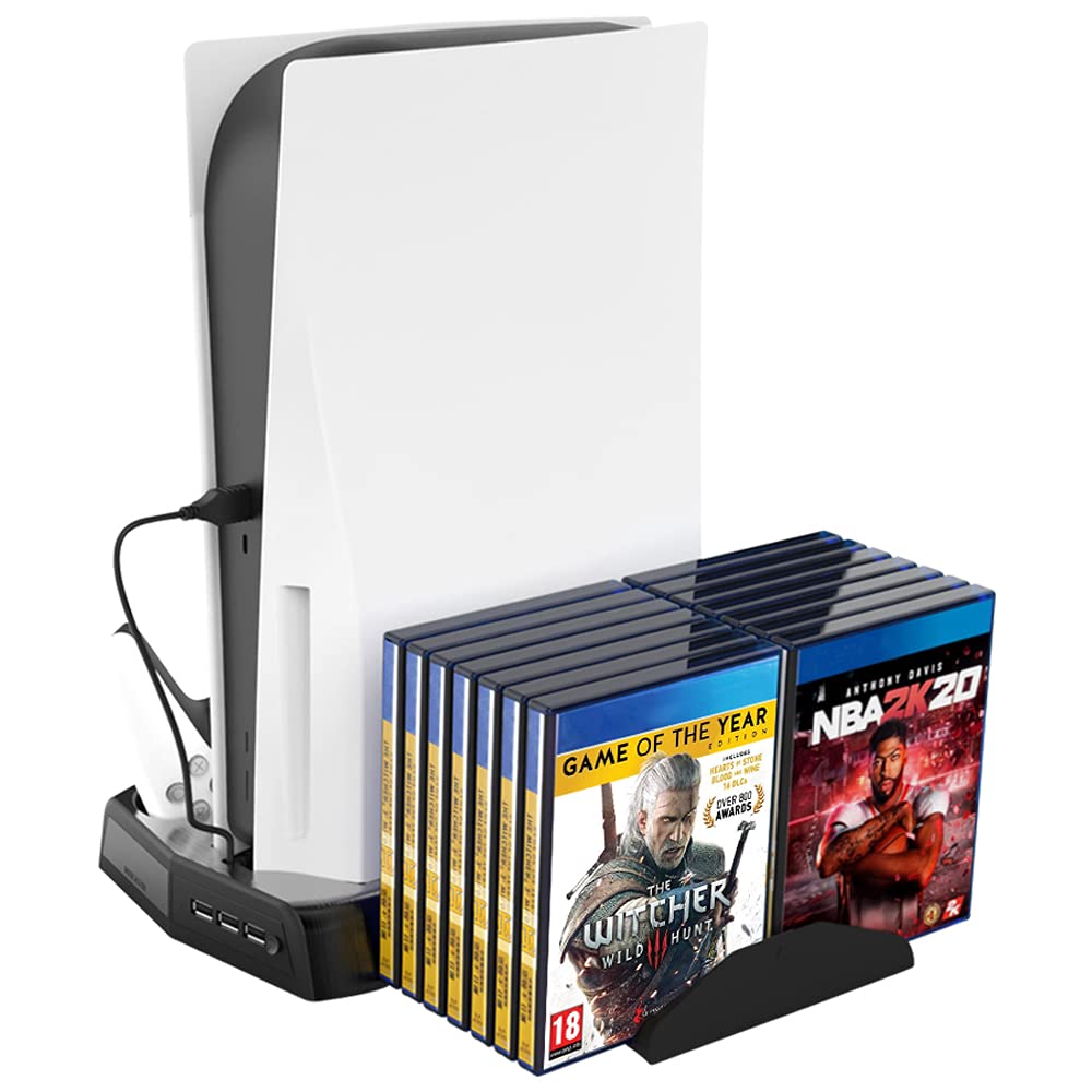 Cooling Fan Vertical Stand Compatible with Playstation 5 with DualSense Controller Charging Station and 14 Game Slots - 4 Thumbstick Caps Included