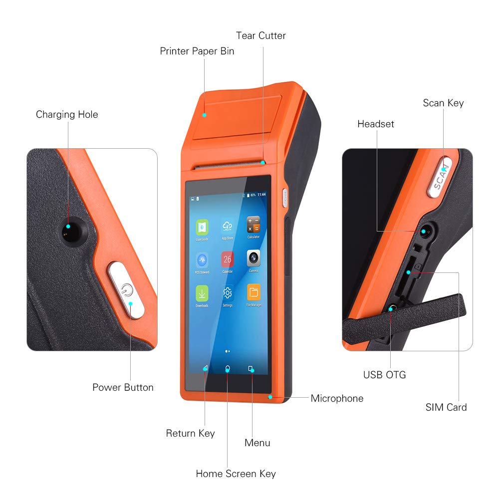 Bisofice POS Receipt Printer, Upgraded Android 8.1 OS Mobile POS, 58mm Receipt Printer, 5.45" Touch Screen PDA Printer Supports 3G WiFi BT4.0 USB OTG Bluetooth, Handheld POS Machine Terminal Printer