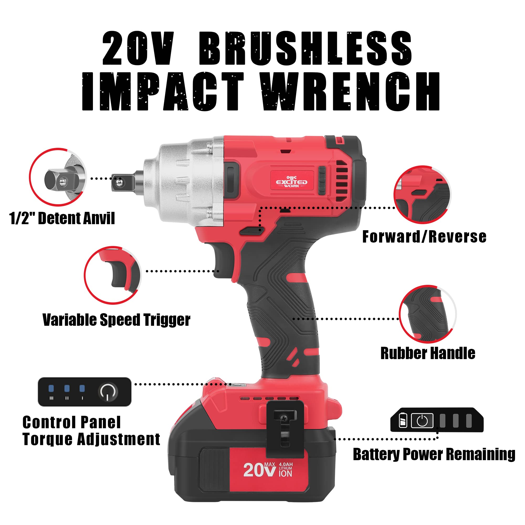 Excited Work 20V Brushless Impact Wrench with 1/2inch 4 Pcs Impact Wrench Socket Set,370 Ft-lbs(500Nm) High Torque,4.0Ah Li-ion Battery Tire Nut Removal Cordless Power Tool